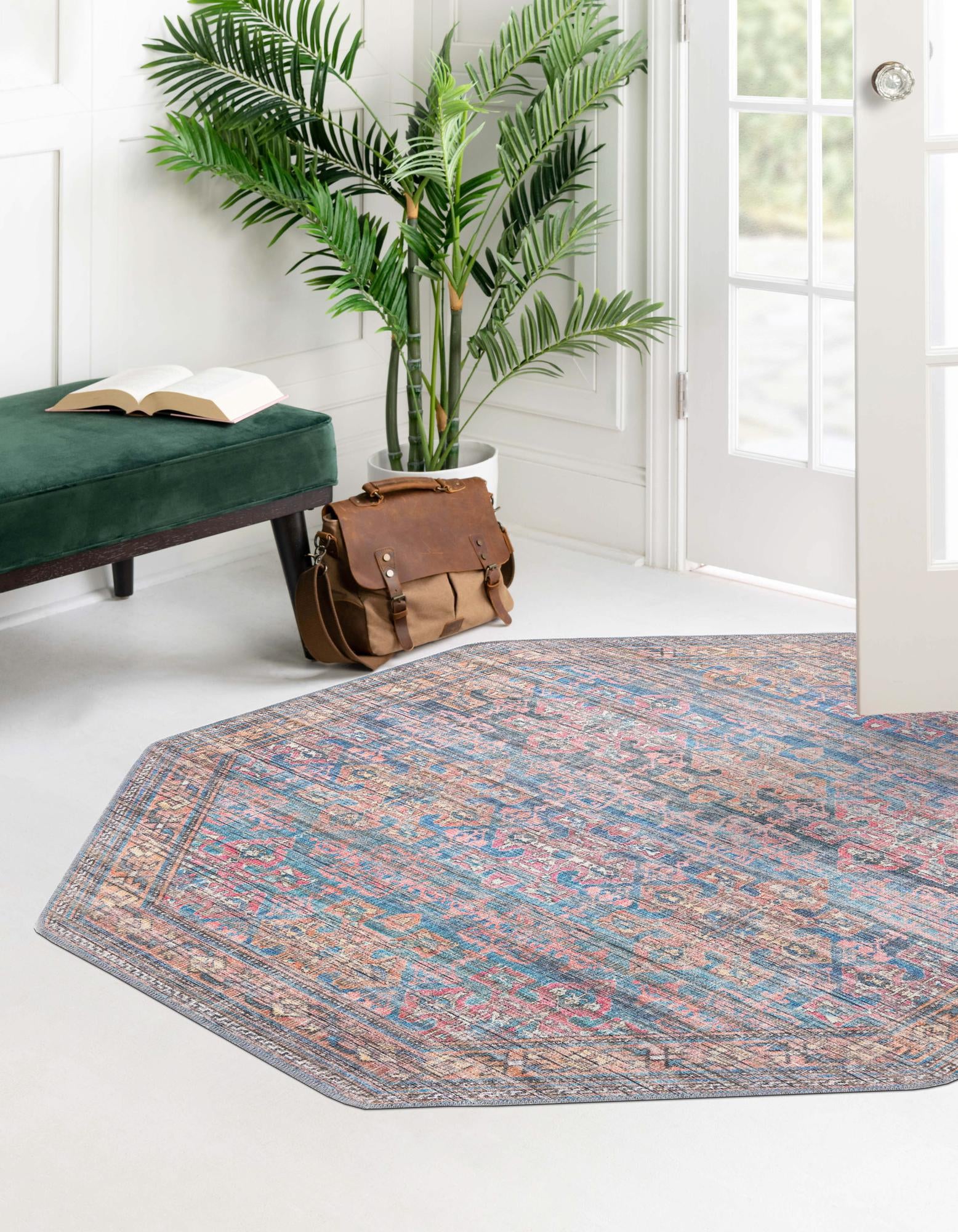 Antique Blue 5' 3 x 5' 3 Washable Nostalgia Octagon Rug | Rugs.com