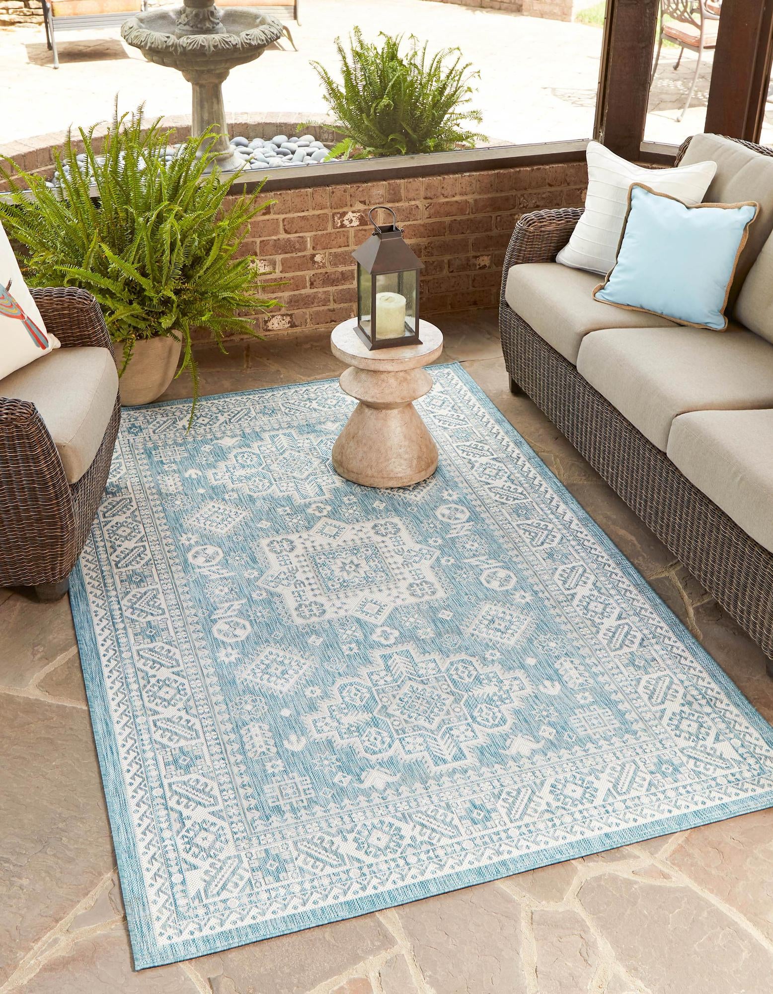 Aqua 3' 3 x 5' 3 Aztec Indoor / Outdoor Rug | Rugs.com