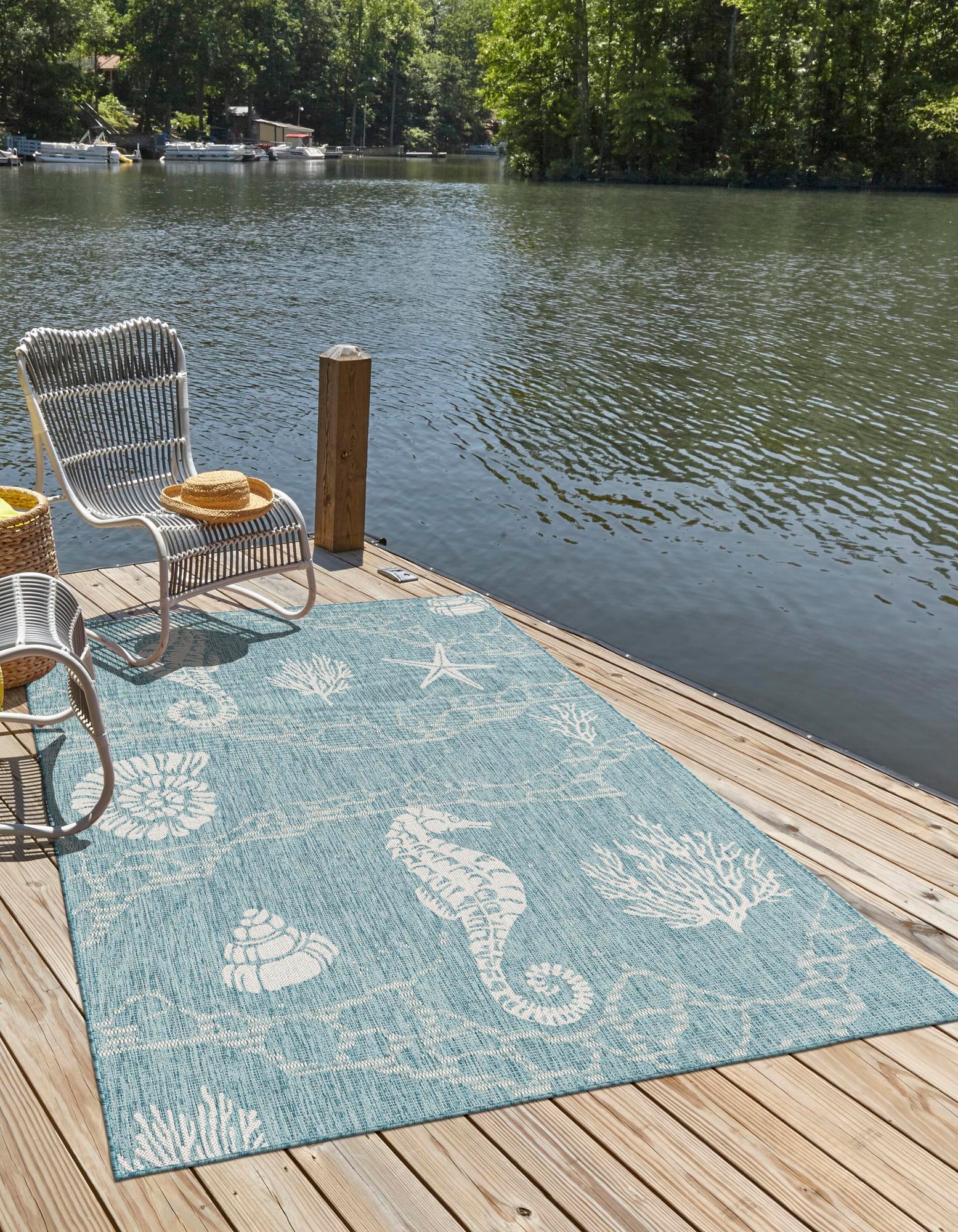 Aqua 5' 3 x 8' Coastal Indoor / Outdoor Rug | Rugs.com