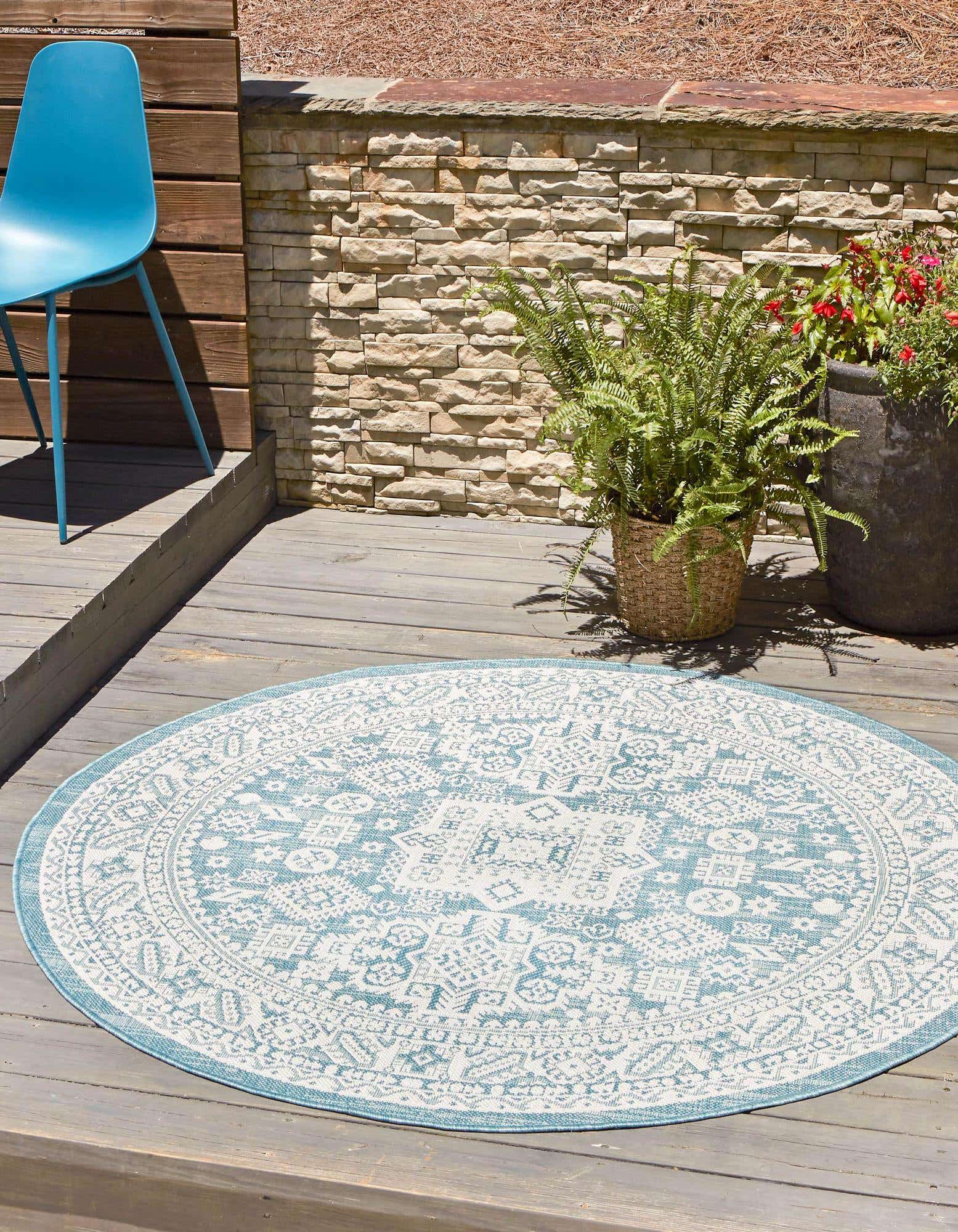 Aqua 10' x 10' Aztec Indoor / Outdoor Round Rug | Rugs.com
