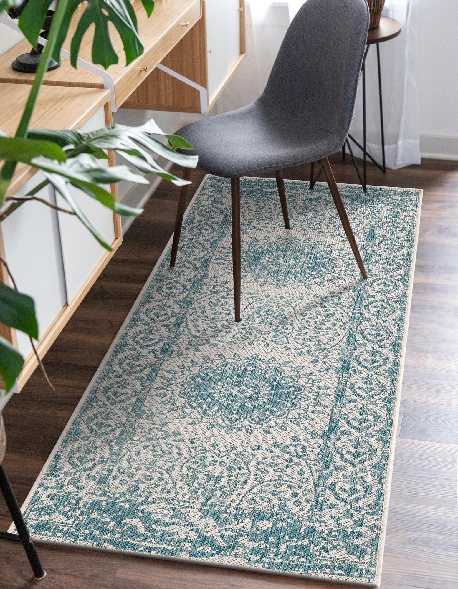Aqua 2' 7 x 12' Traditional Indoor / Outdoor Runner Rug | Rugs.com