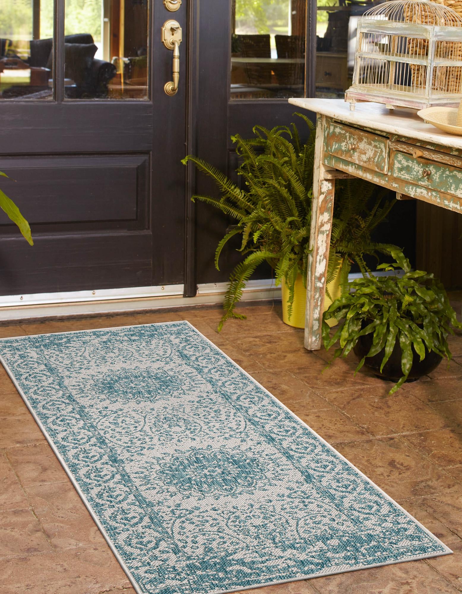 Aqua 2' 7 x 12' Traditional Indoor / Outdoor Runner Rug | Rugs.com