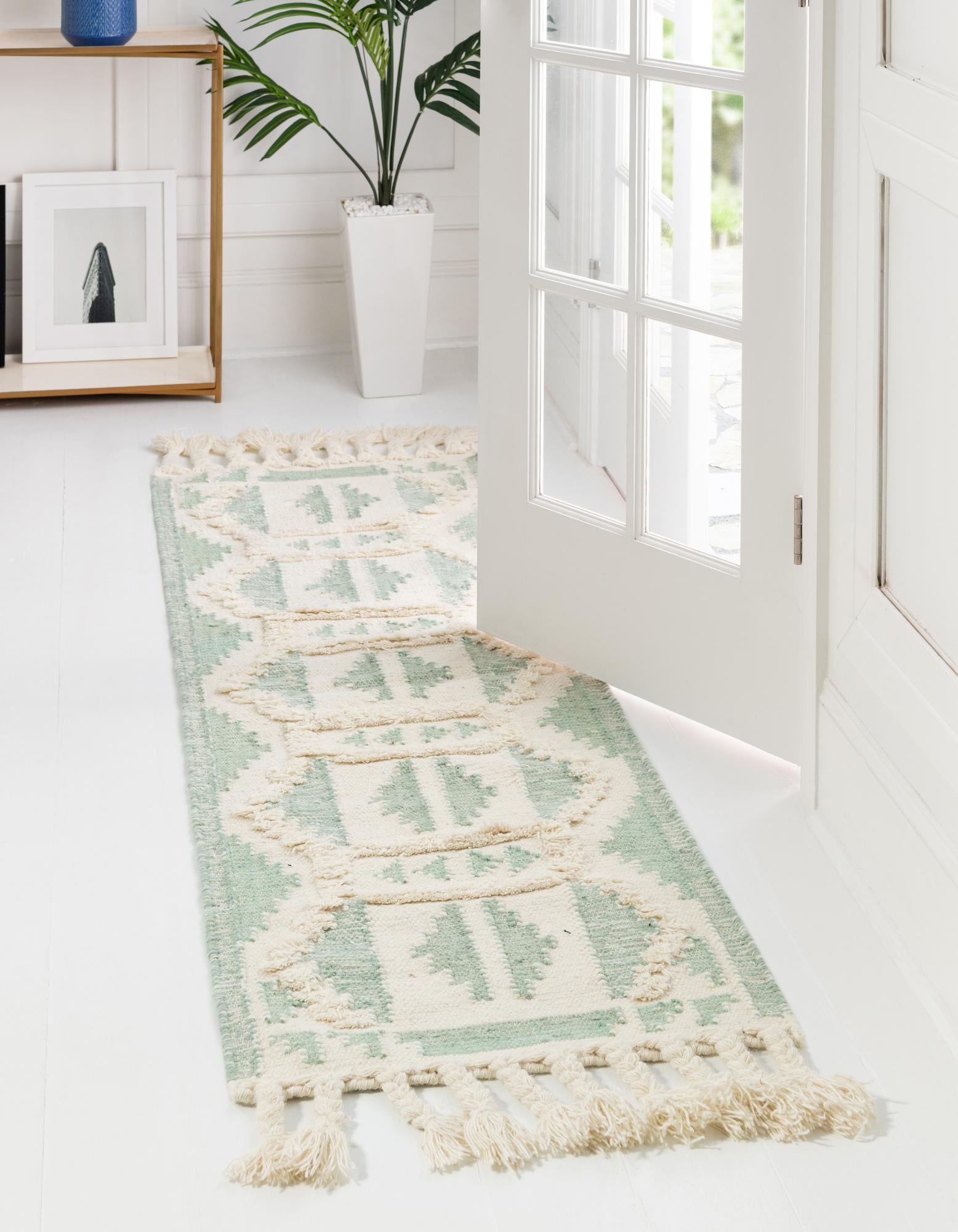 Aquamarine and White 2' 2 x 8' 2 Hand Woven Arizona Wool Runner Rug ...