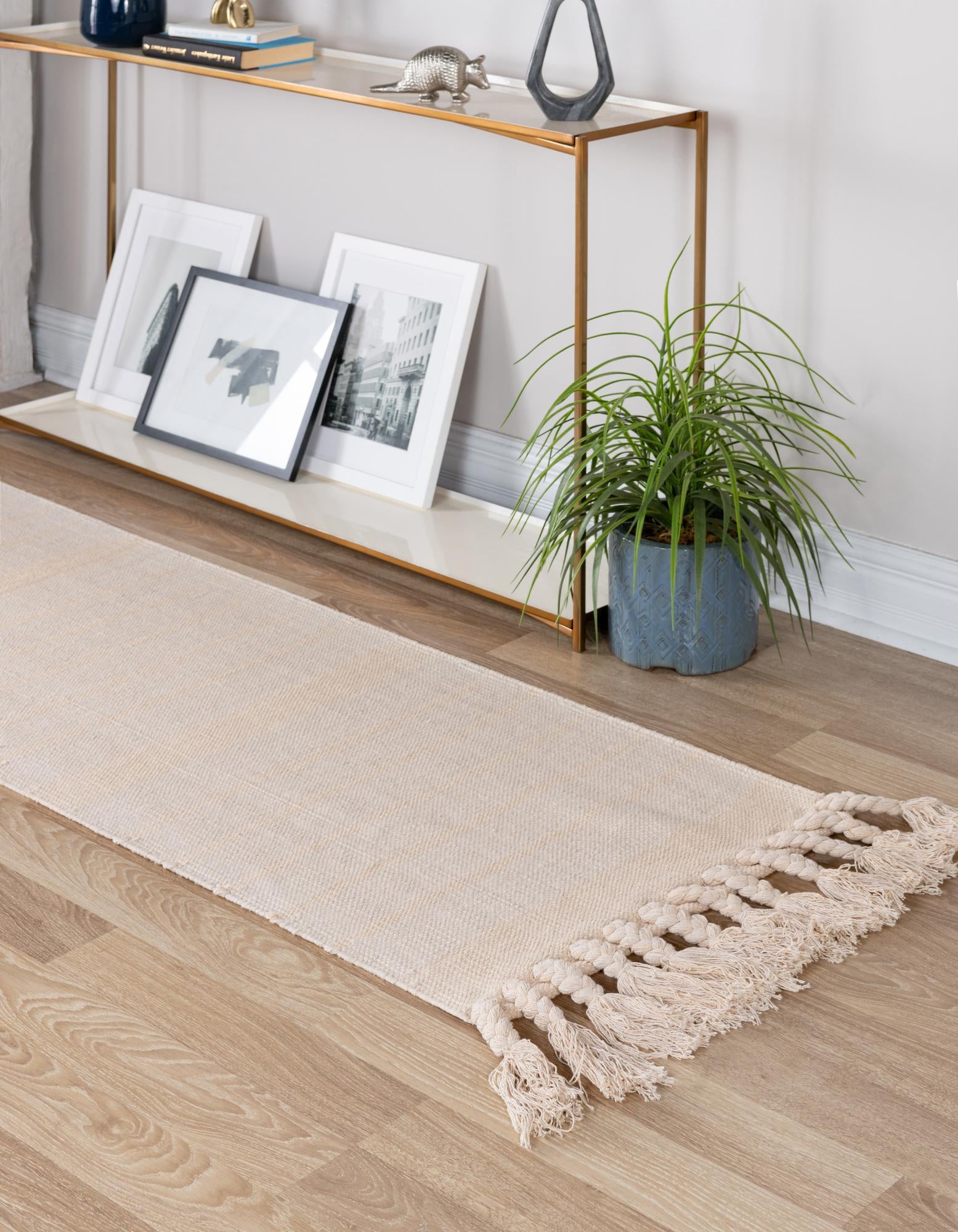 Beige and White 2' 2 x 6' 1 Hand Woven Chindi Cotton Runner Rug | Rugs.com