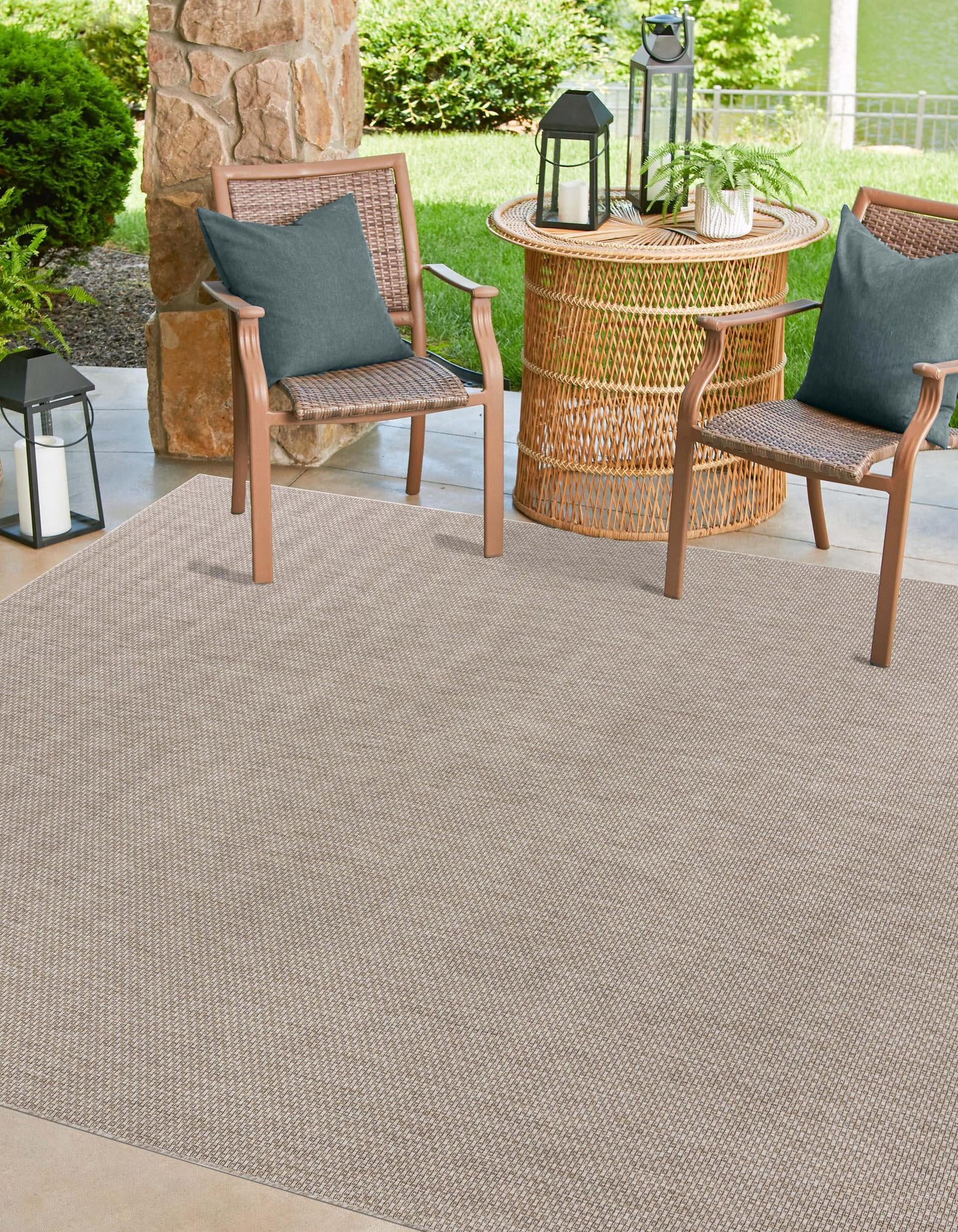 Beige 10' x 10' Solid Indoor / Outdoor Square Rug | Rugs.com