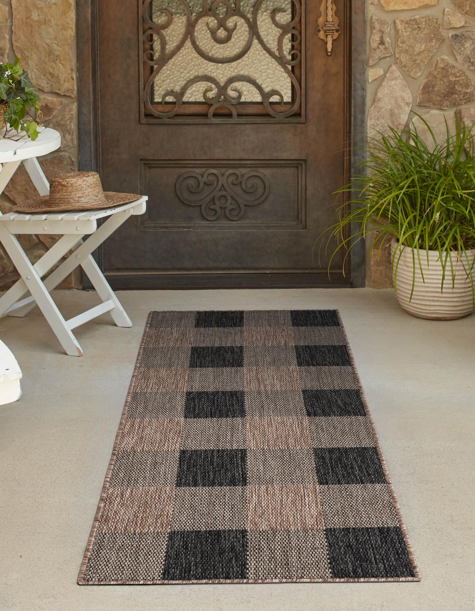 Black and Brown 2' x 8' Checkered Indoor / Outdoor Runner Rug | Rugs.com