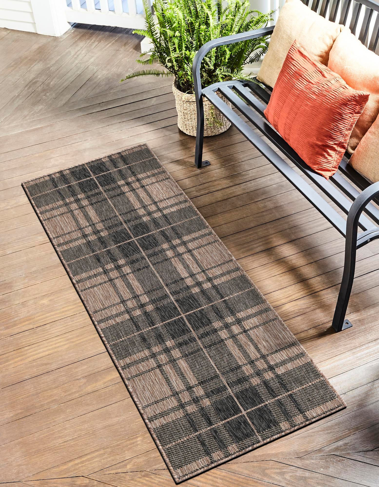 Black and Brown 2' x 8' Checkered Indoor / Outdoor Runner Rug | Rugs.com