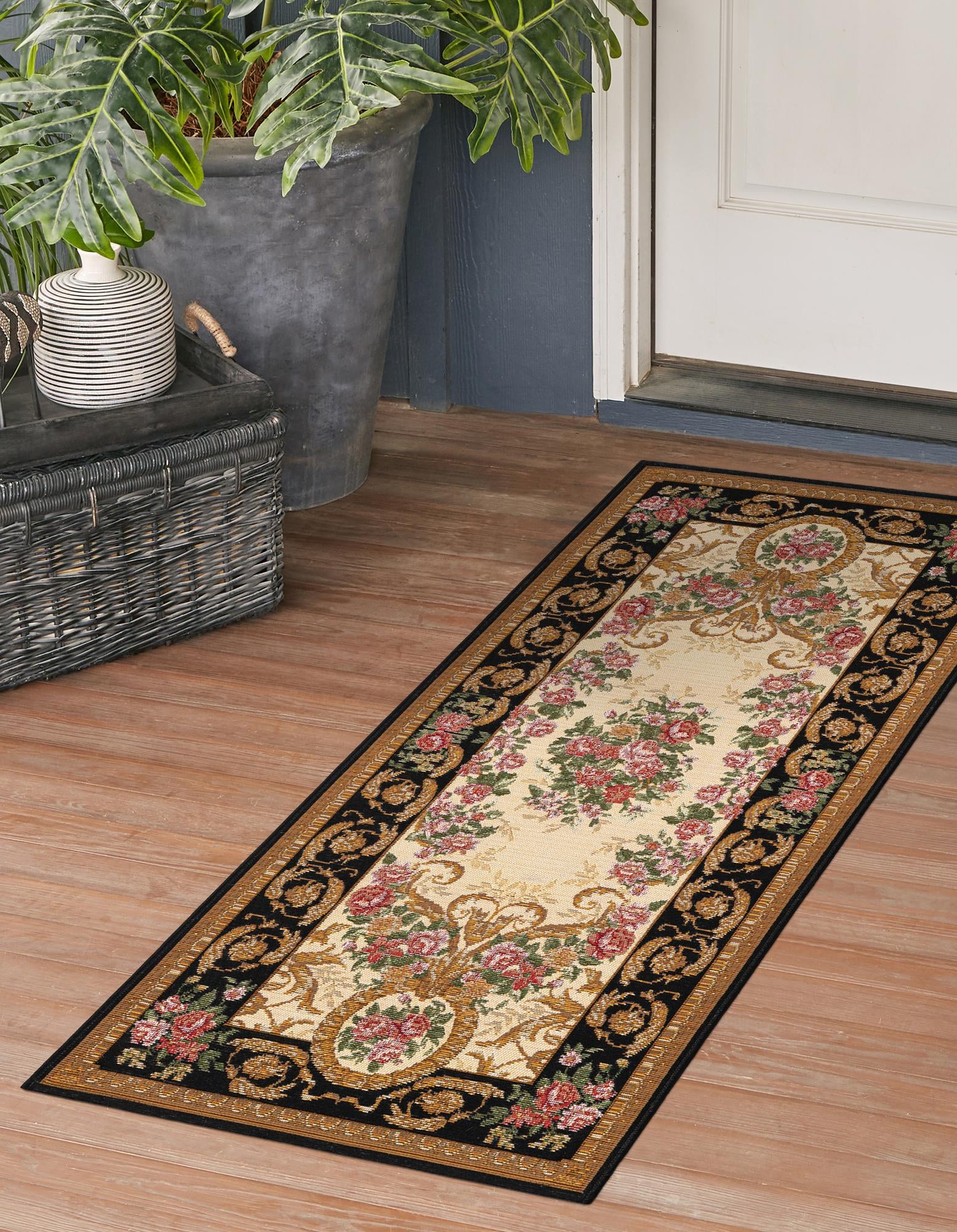 Black and Ivory 2' x 5' Traditional Indoor / Outdoor Runner Rug | Rugs.com