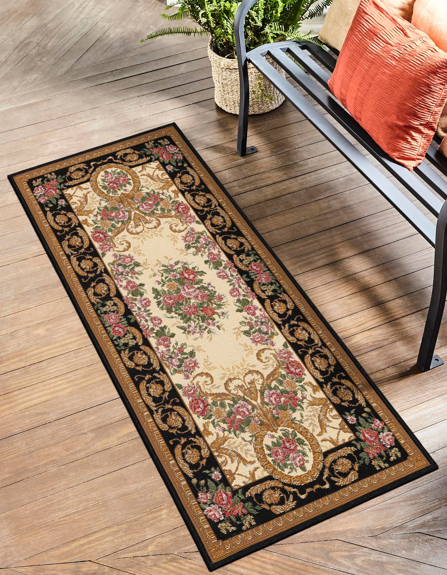 Black and Ivory 2' x 8' Traditional Indoor / Outdoor Runner Rug | Rugs.com