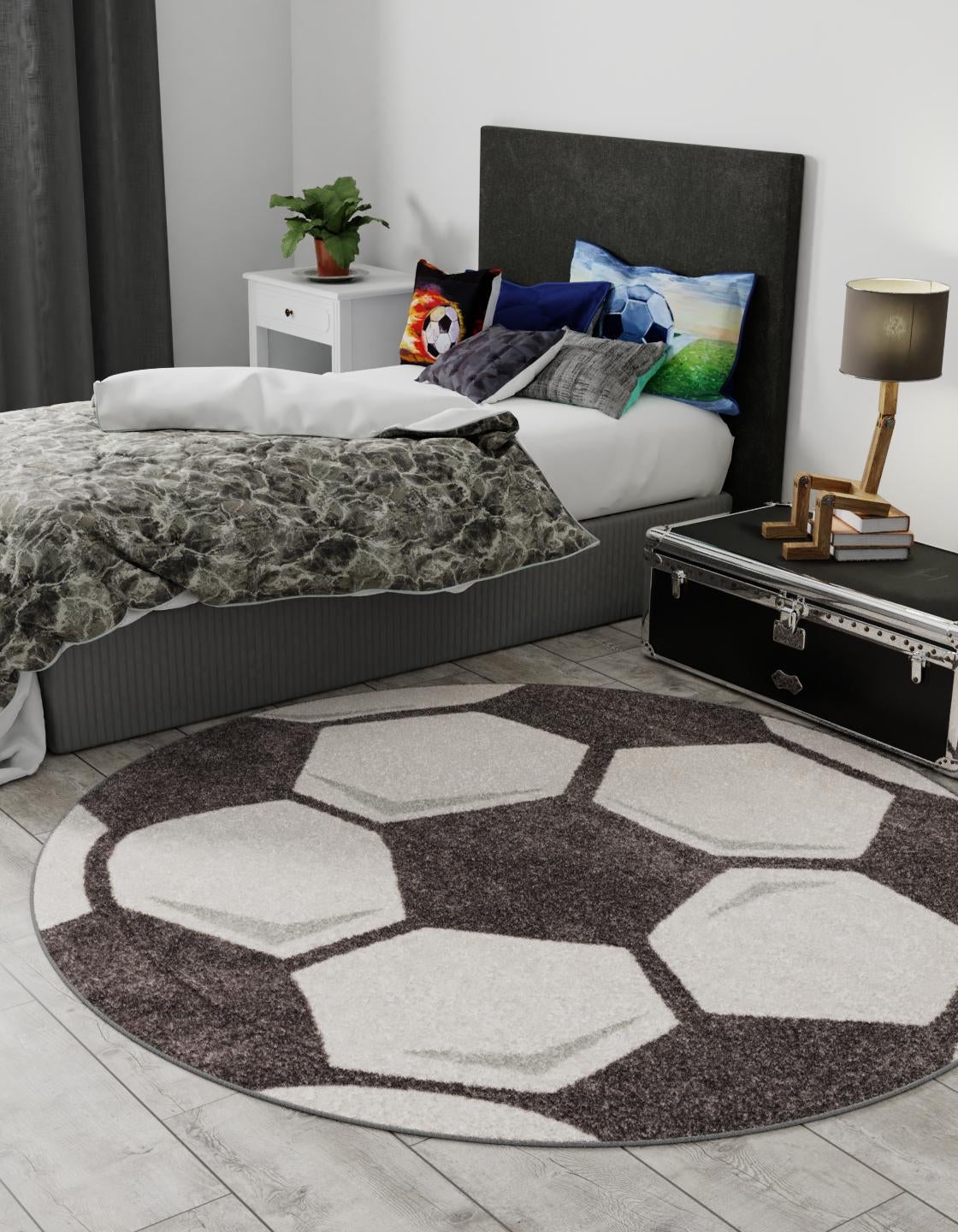 Black and White 5' 3 x 5' 3 Soccer Ball Whimsy Kids Round Rug | Rugs.com