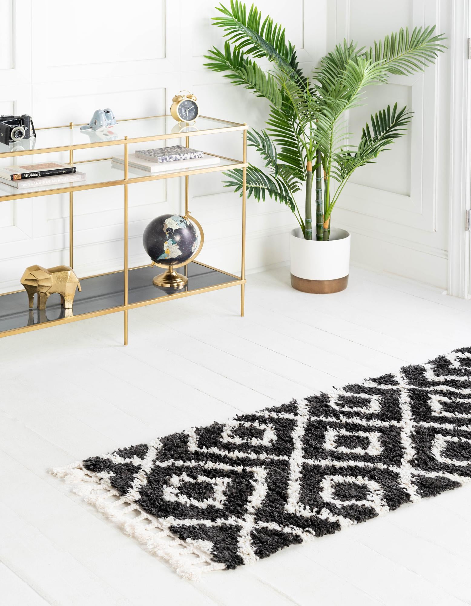 Black and White 2' 2 x 6' Athena Shag Runner Rug | Rugs.com