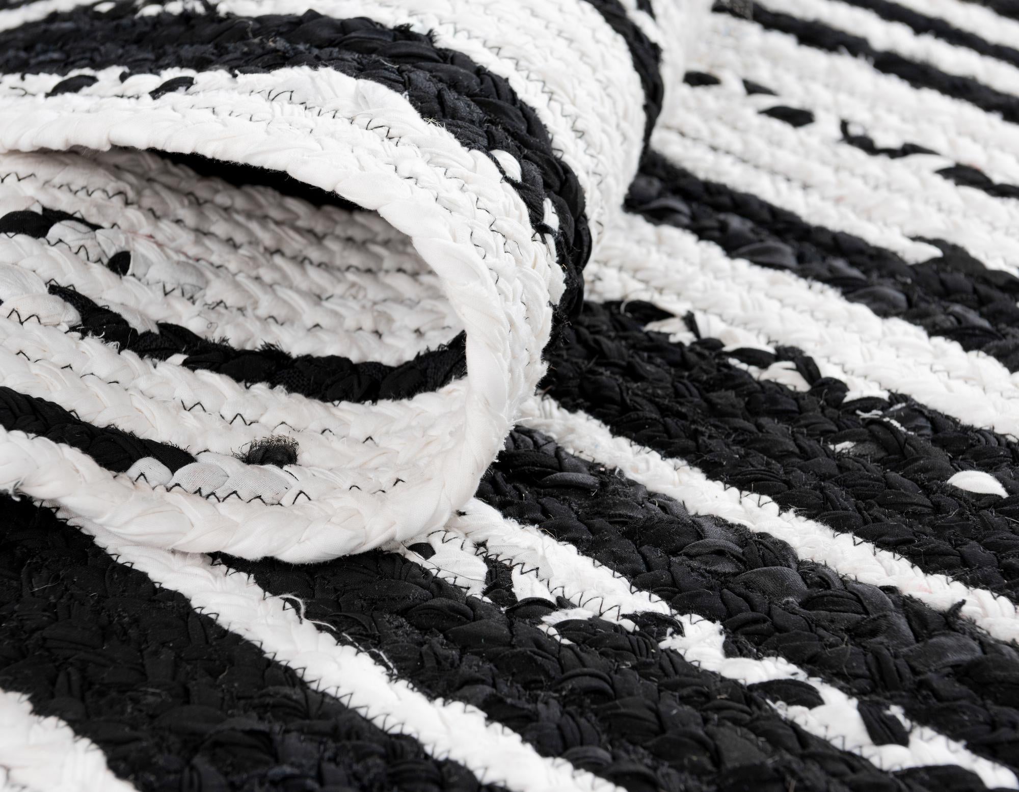 Black and White 2' 7 x 6' 1 Hand Braided Chindi Runner Rug | Rugs.com