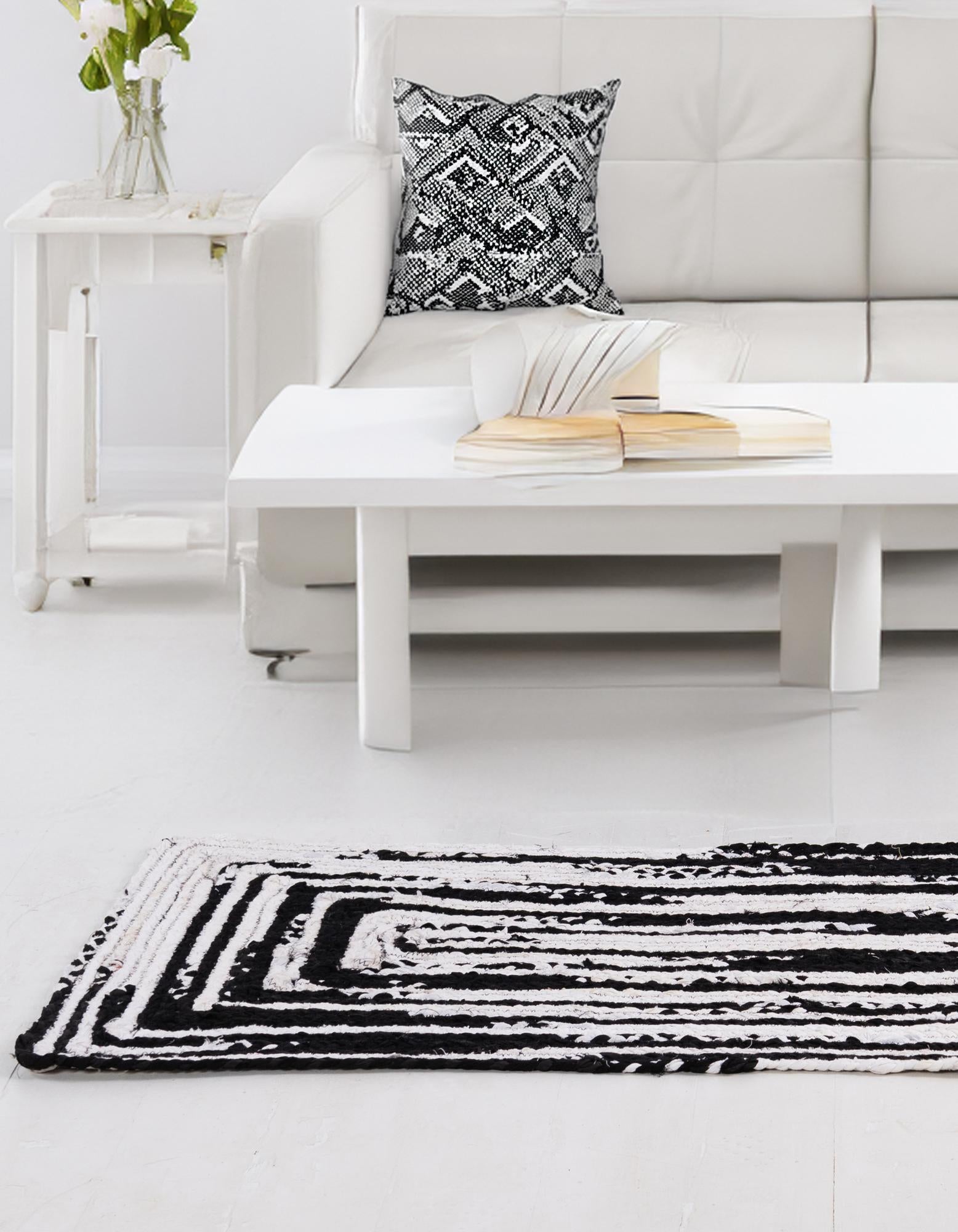 Black and White 2' 7 x 6' 1 Hand Braided Chindi Runner Rug | Rugs.com