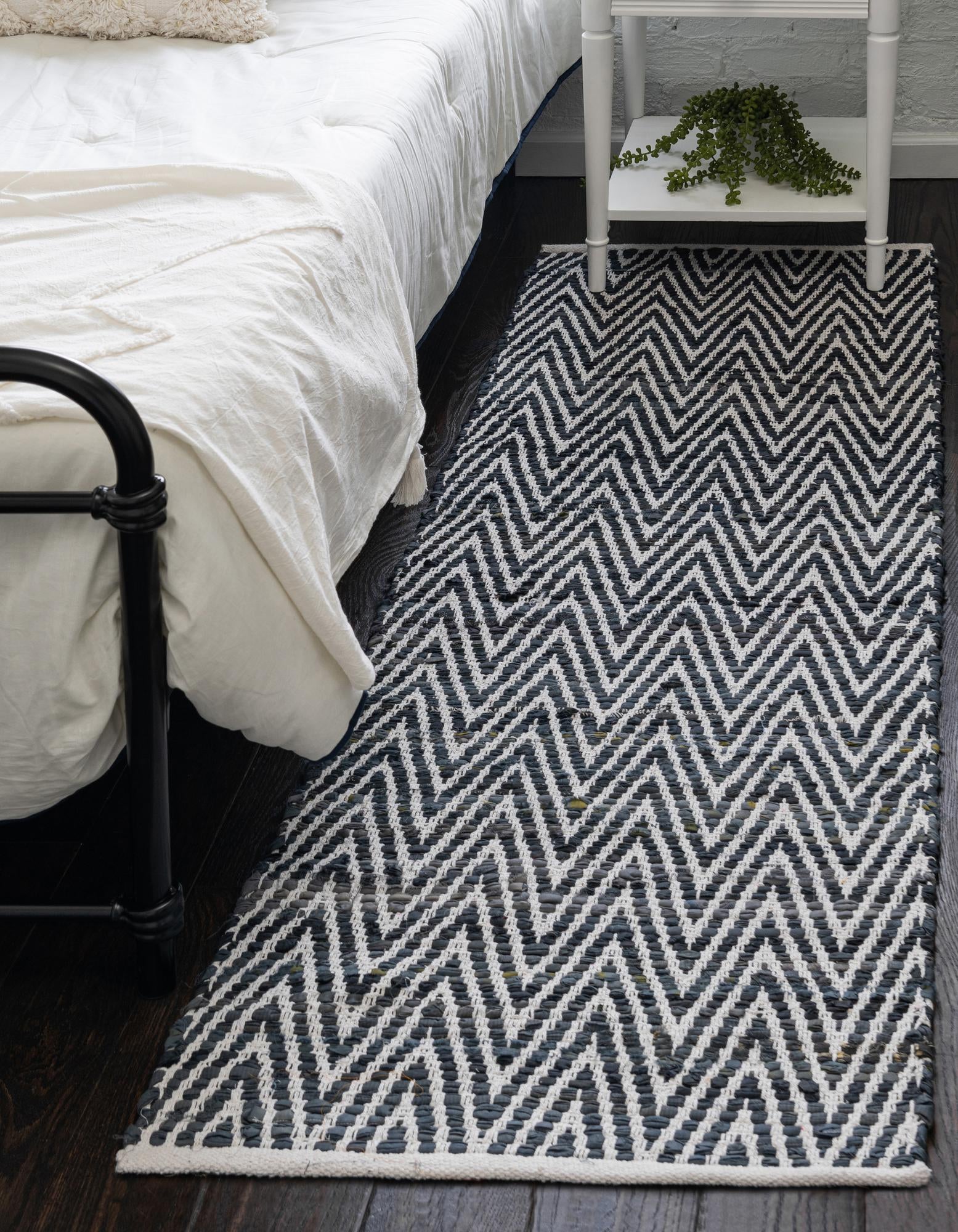 Black and White 2' 2 x 6' 1 Hand Woven Chindi Chevron Runner Rug | Rugs.com