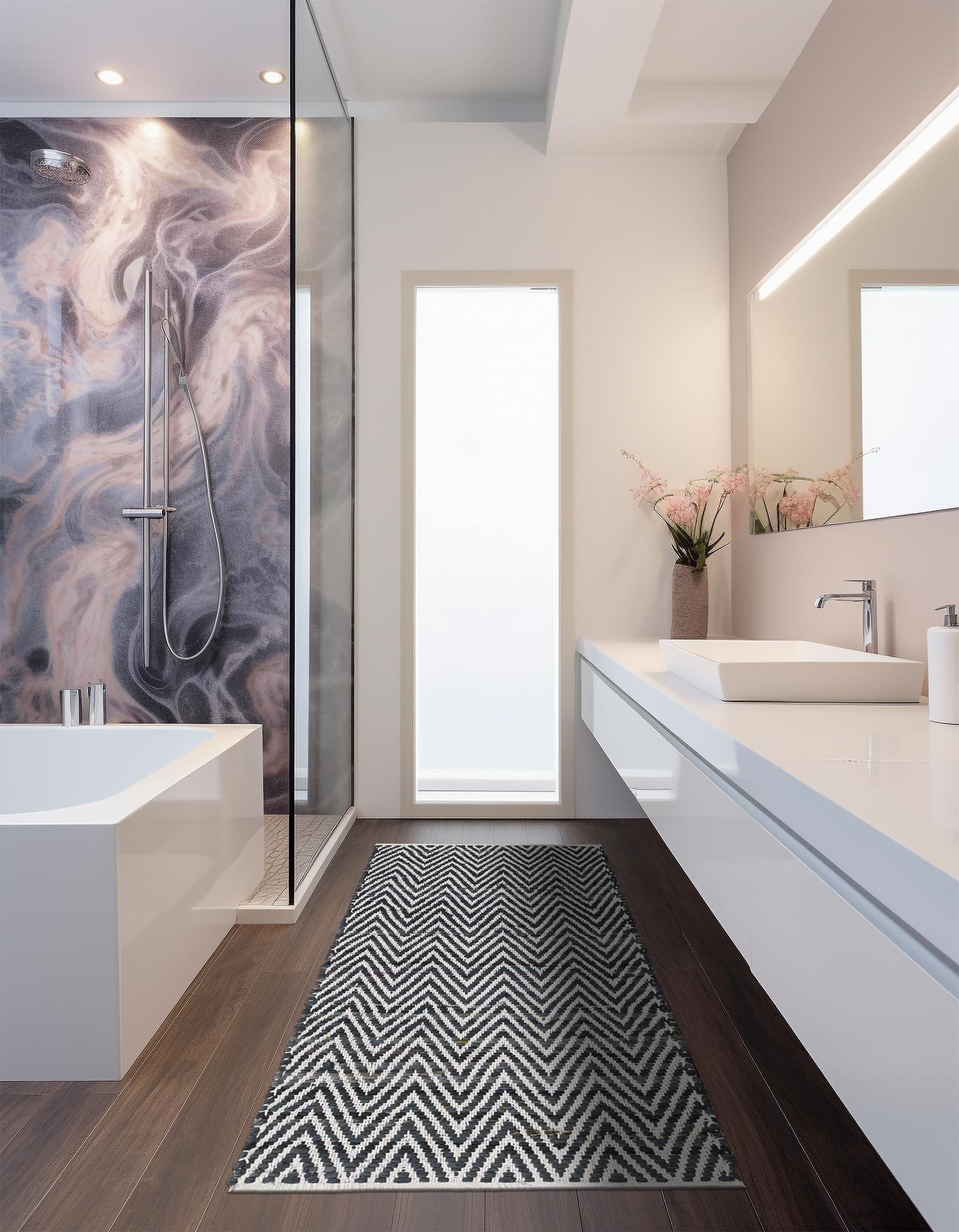 Black and White 2' 2 x 6' 1 Hand Woven Chindi Chevron Runner Rug | Rugs.com