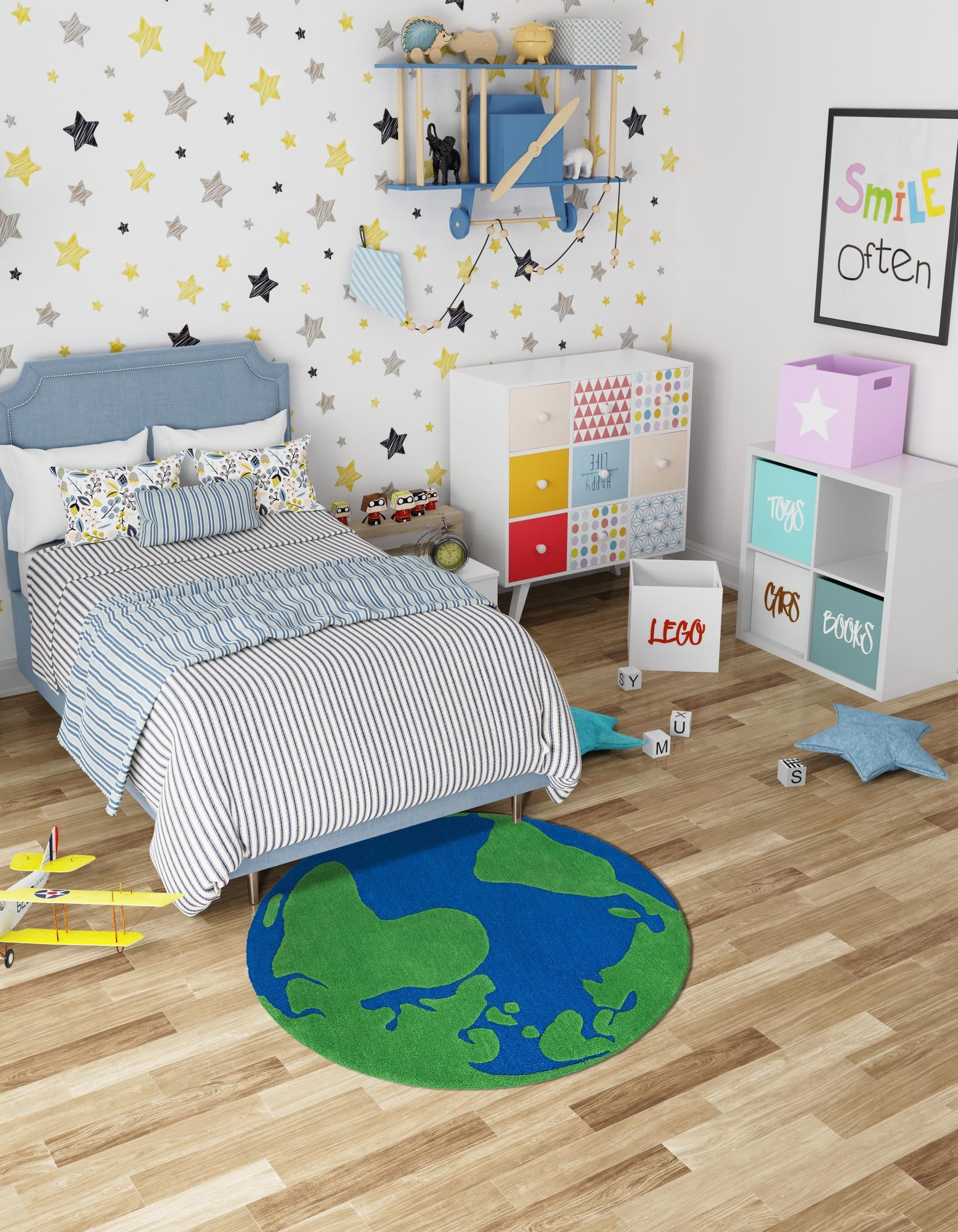 Blue and Green 4' 1 x 4' 1 Playtime Kids Wool Freeform Rug | Rugs.com