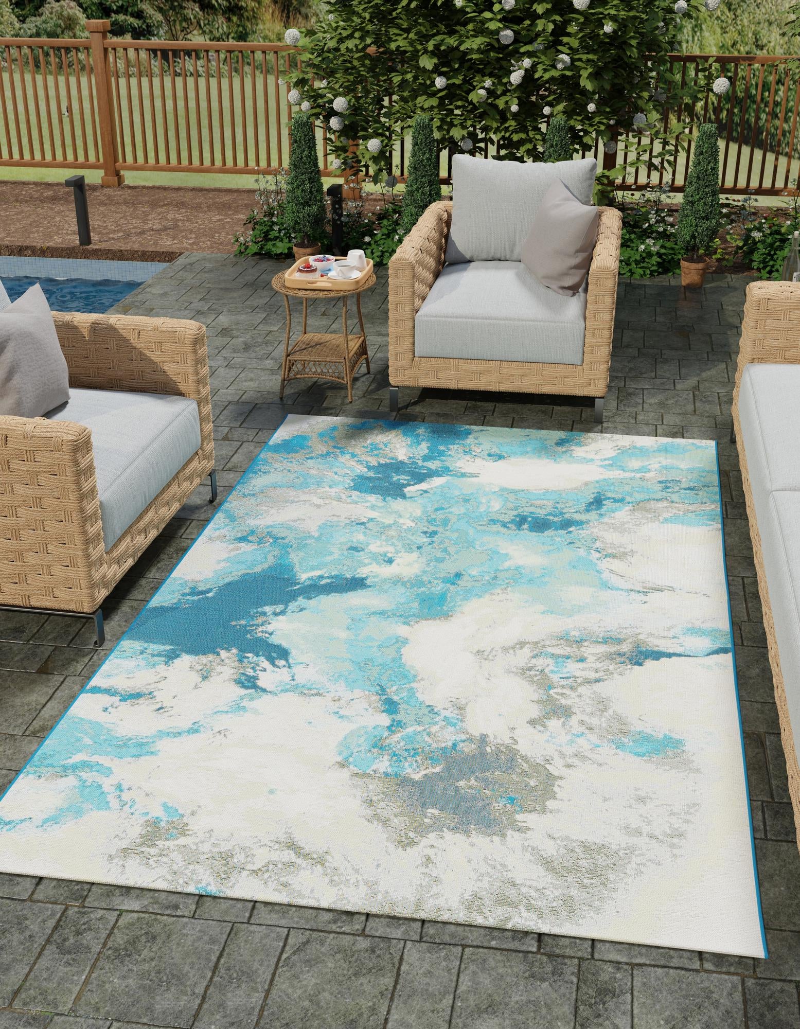 Blue and Ivory 9' x 12' Modern Indoor / Outdoor Rug | Rugs.com