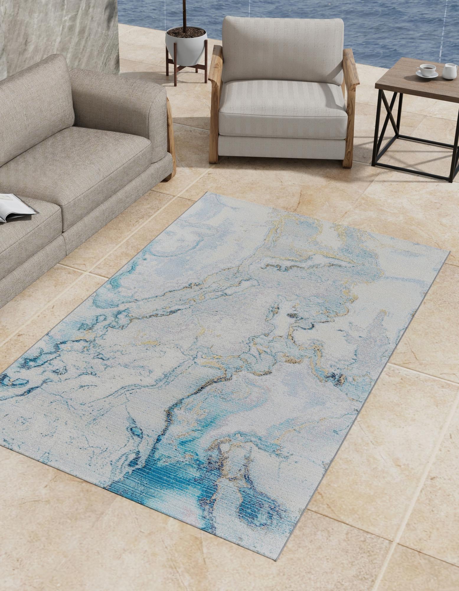 Blue and Ivory 9' x 12' Modern Indoor / Outdoor Rug | Rugs.com