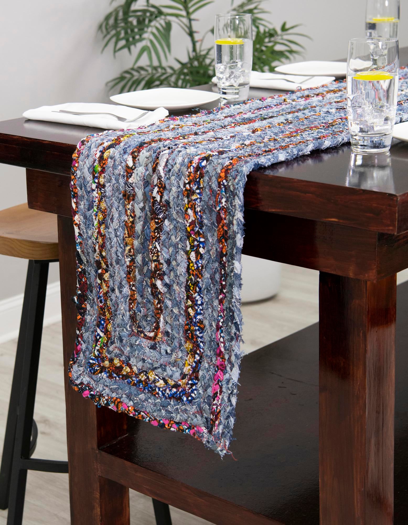Blue and Multicolor 1' 2 x 6' 1 Hand Braided Chindi Table Runner Rug ...
