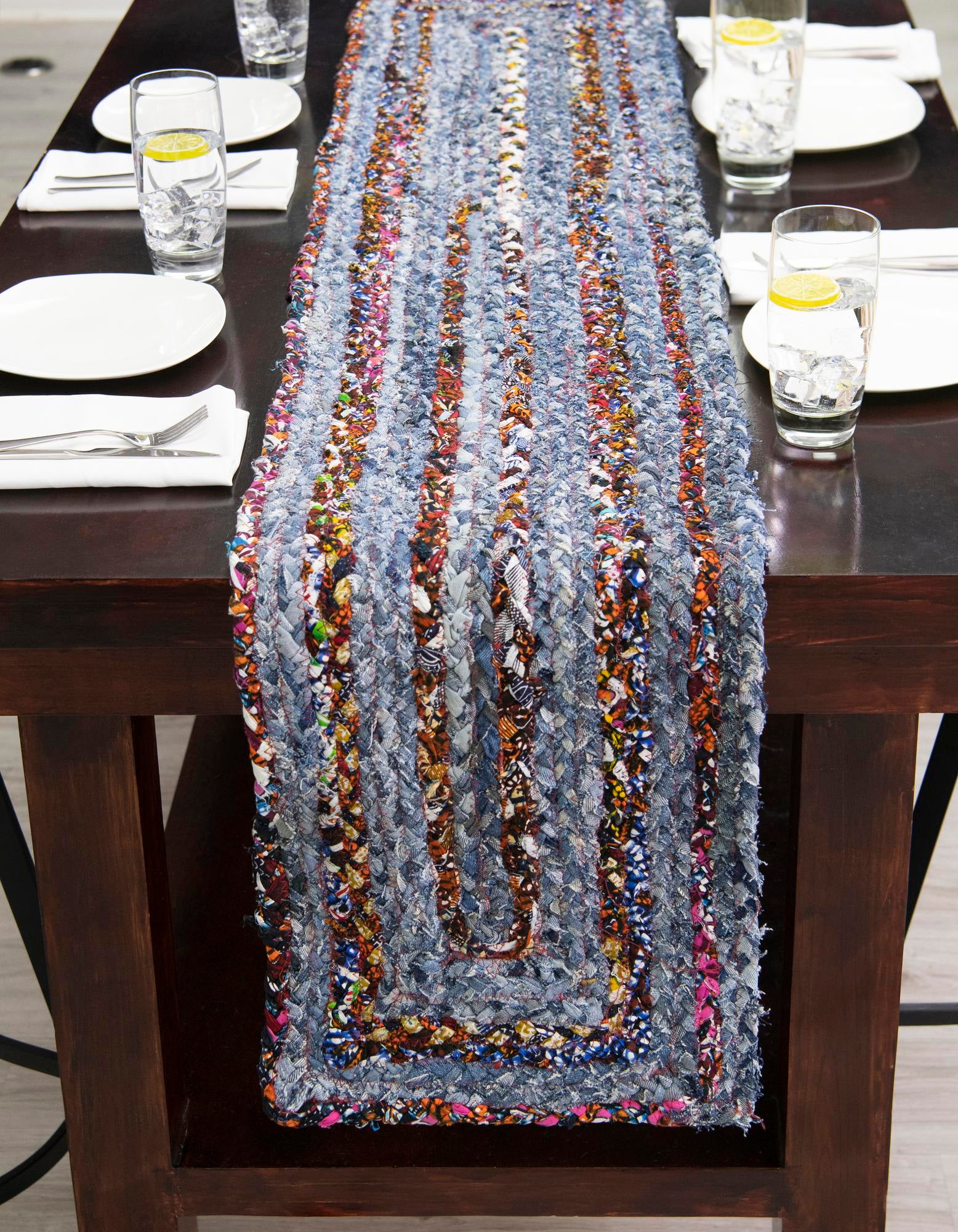 Blue and Multicolor 1' 2 x 6' 1 Hand Braided Chindi Table Runner Rug ...