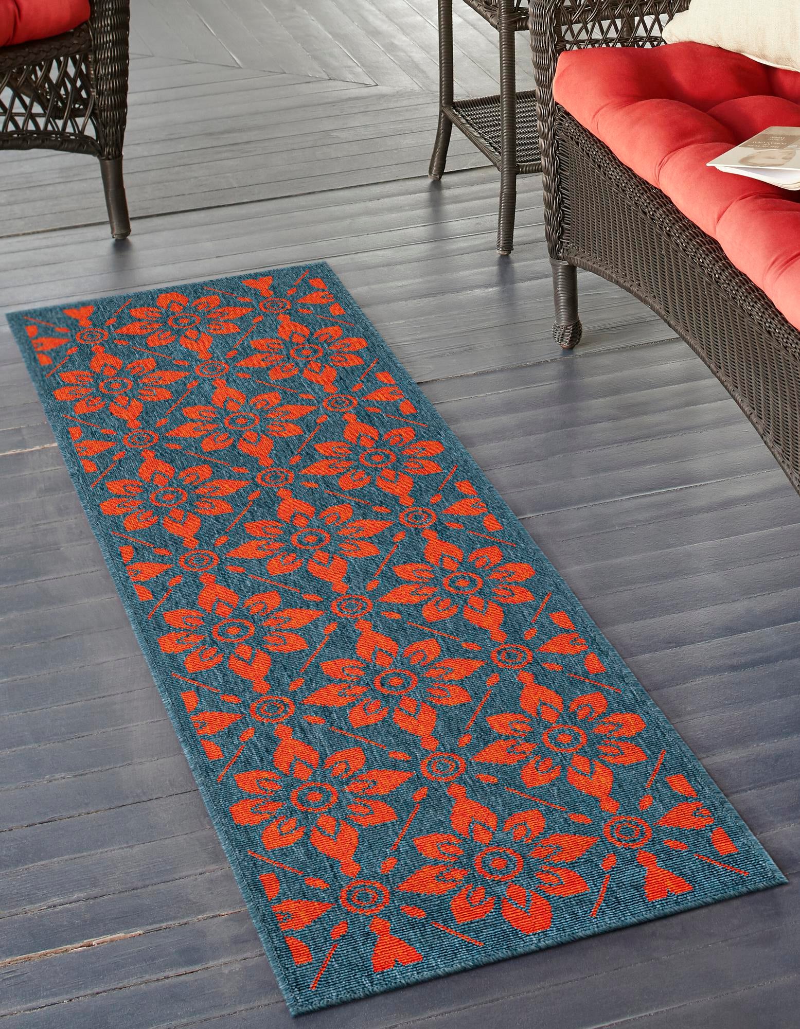 Blue and Red 2' 7 x 12' Lattice Indoor / Outdoor Runner Rug | Rugs.com