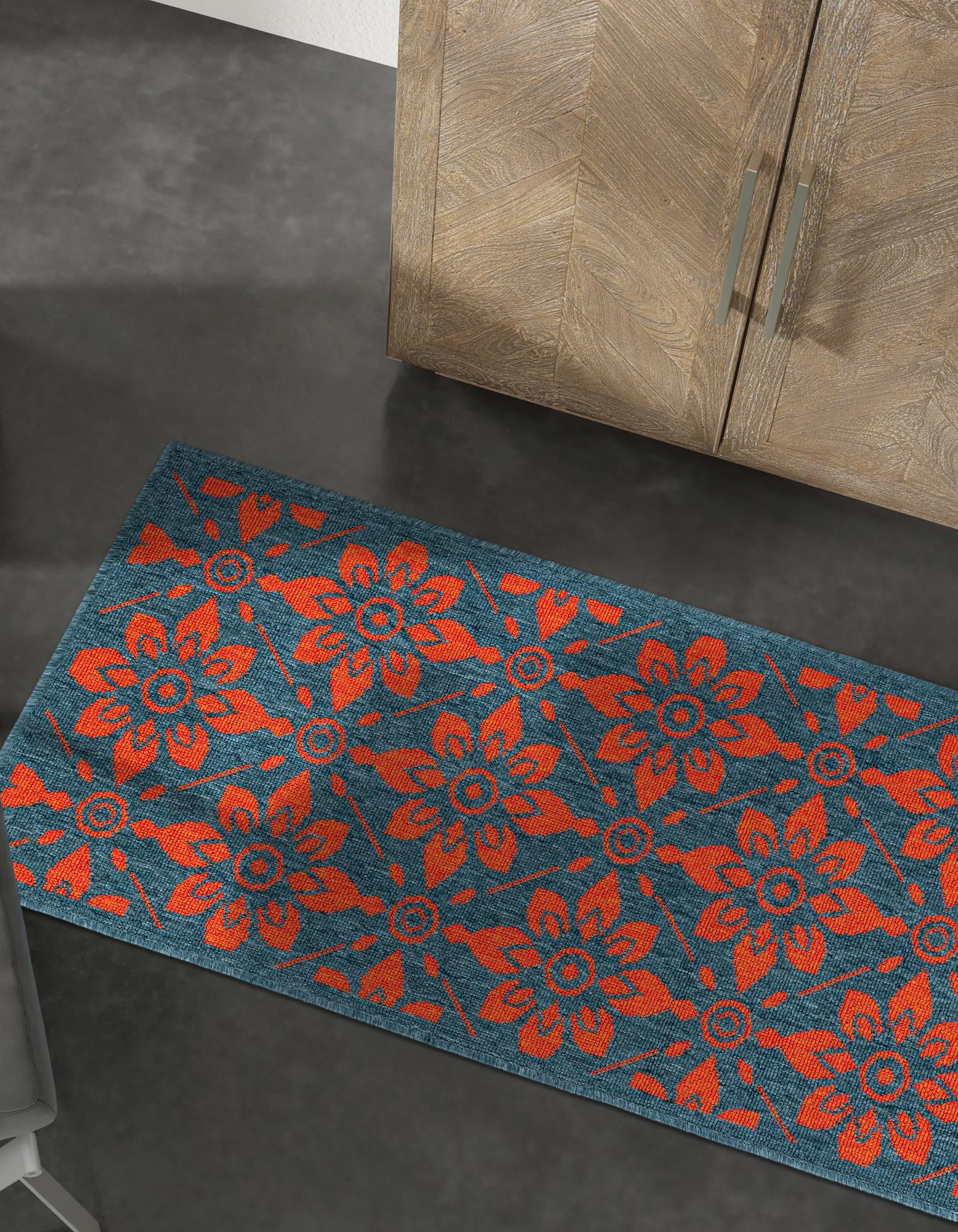 Blue and Red 2' 7 x 12' Lattice Indoor / Outdoor Runner Rug | Rugs.com