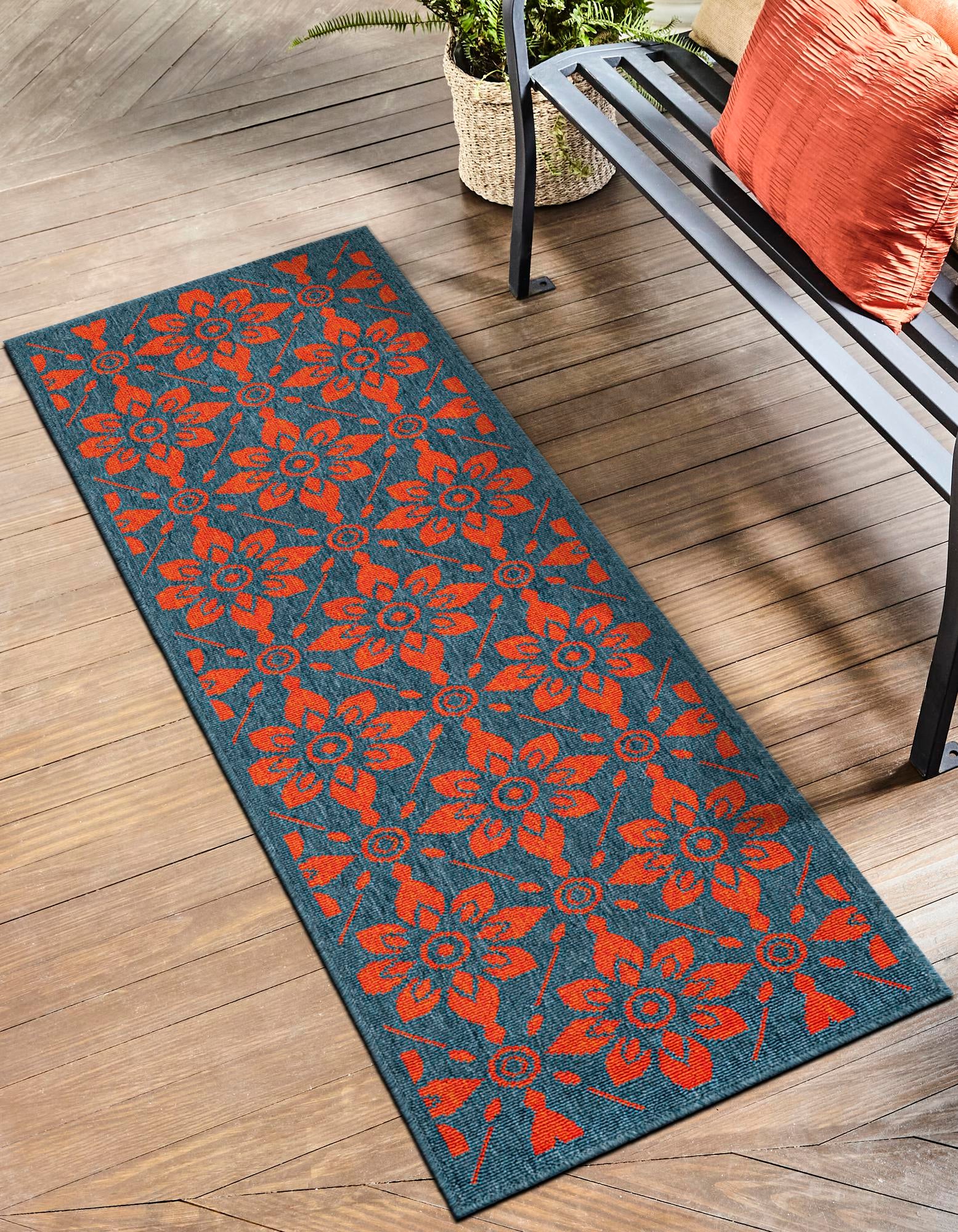 Blue and Red 2' 7 x 12' Lattice Indoor / Outdoor Runner Rug | Rugs.com