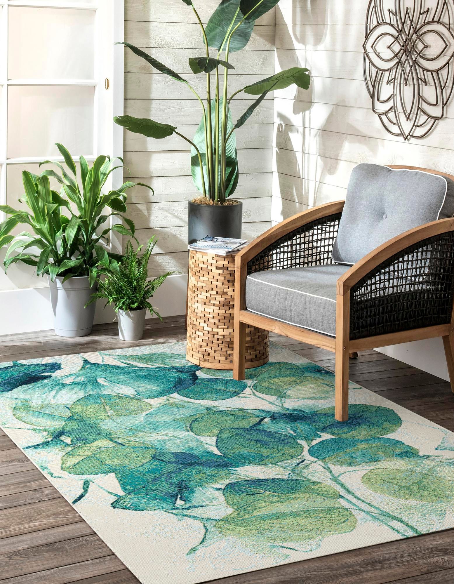 Blue Green 6' x 9' Botanical Indoor / Outdoor Rug | Rugs.com