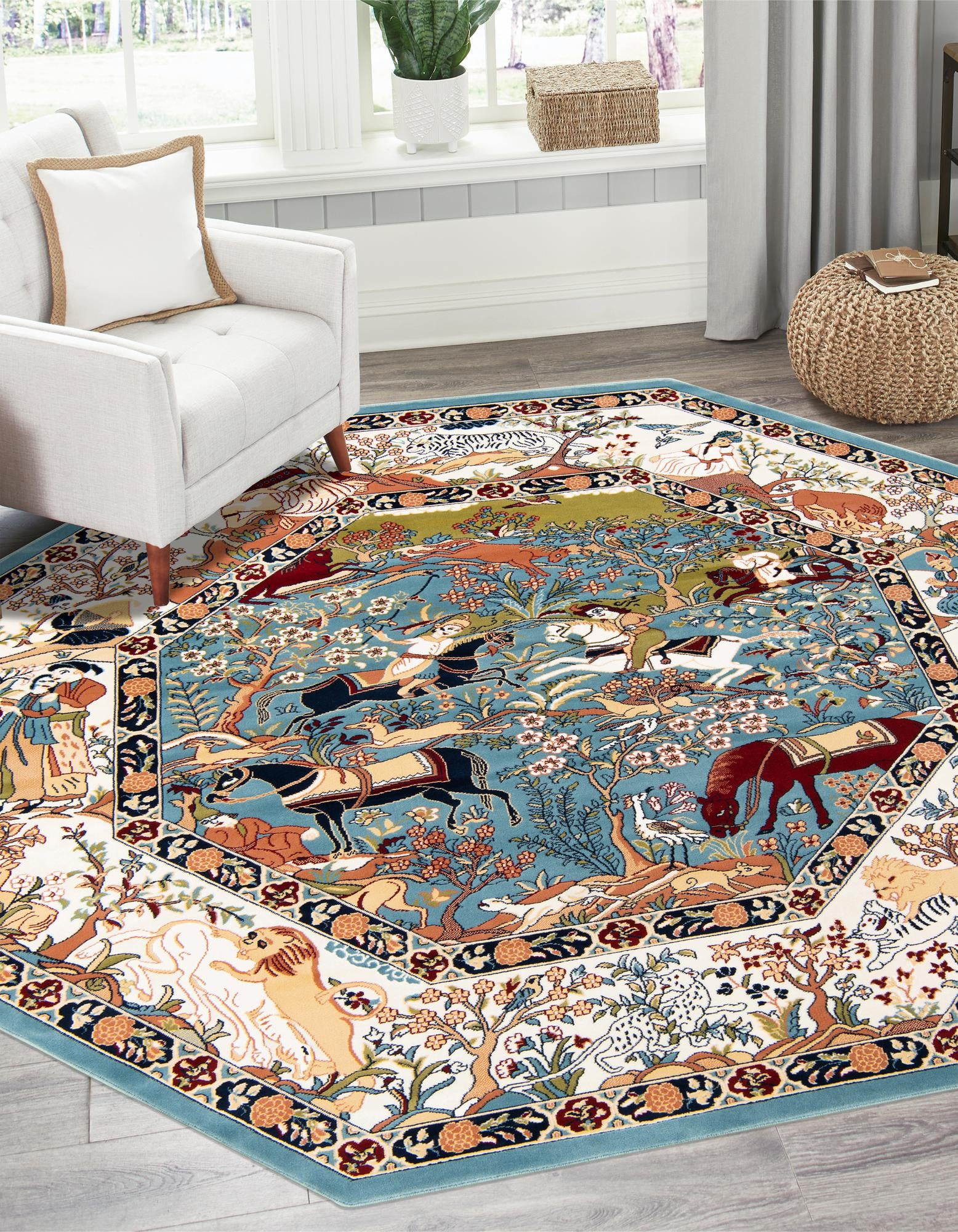 Blue 5' x 5' Nain Design Octagon Rug | Rugs.com