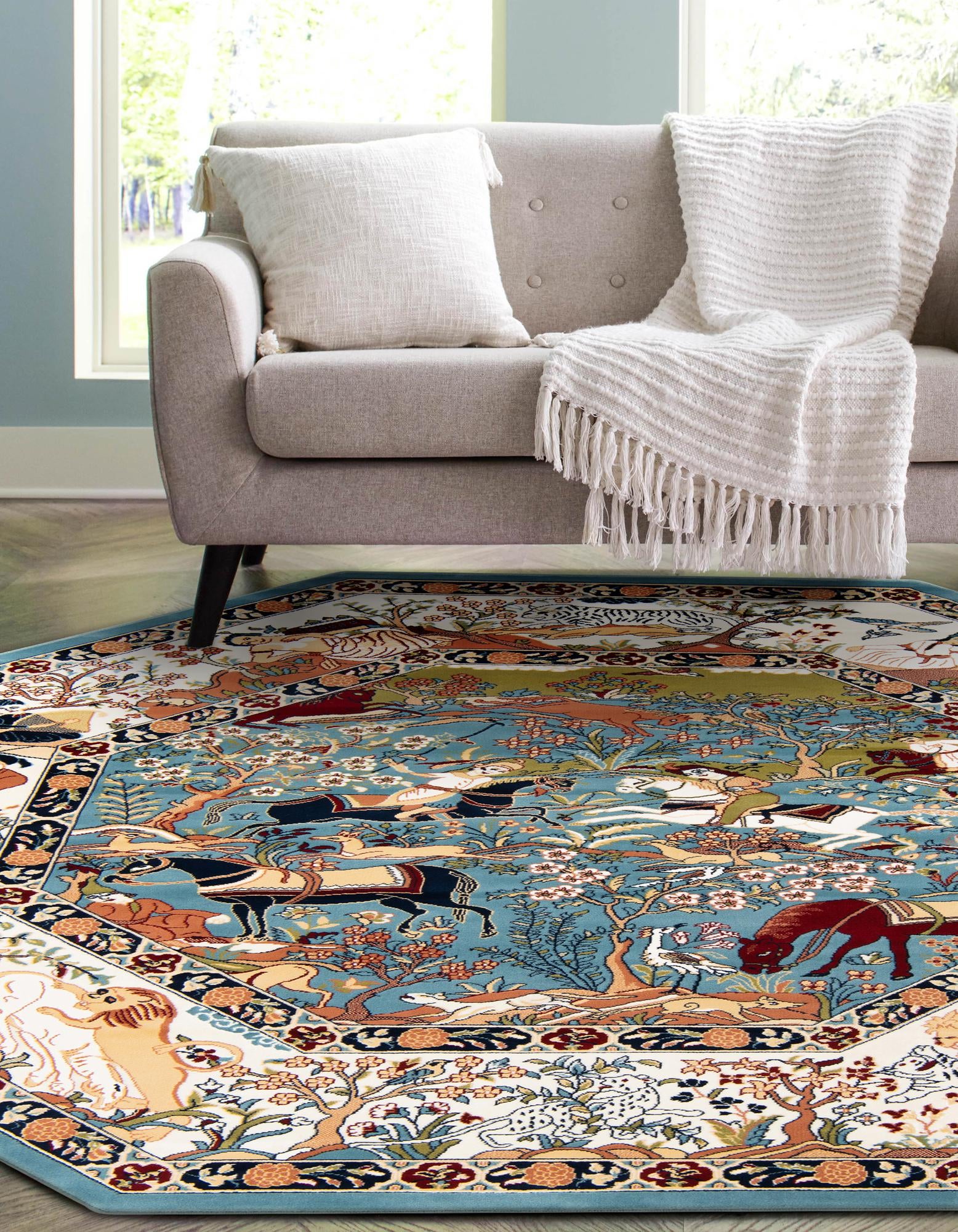 Blue 5' x 5' Nain Design Octagon Rug | Rugs.com