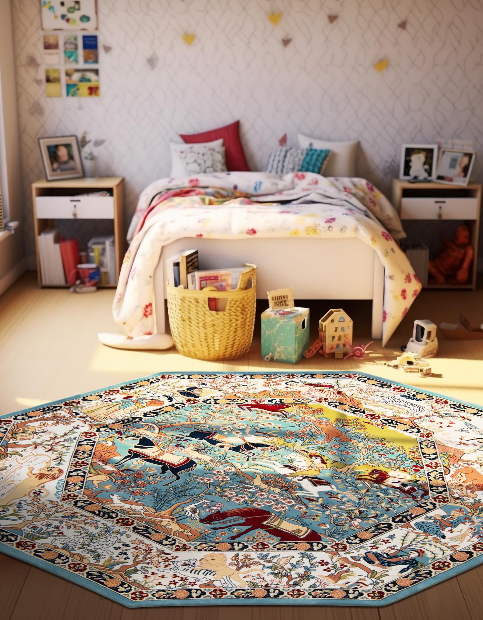 Blue 5' x 5' Nain Design Octagon Rug | Rugs.com