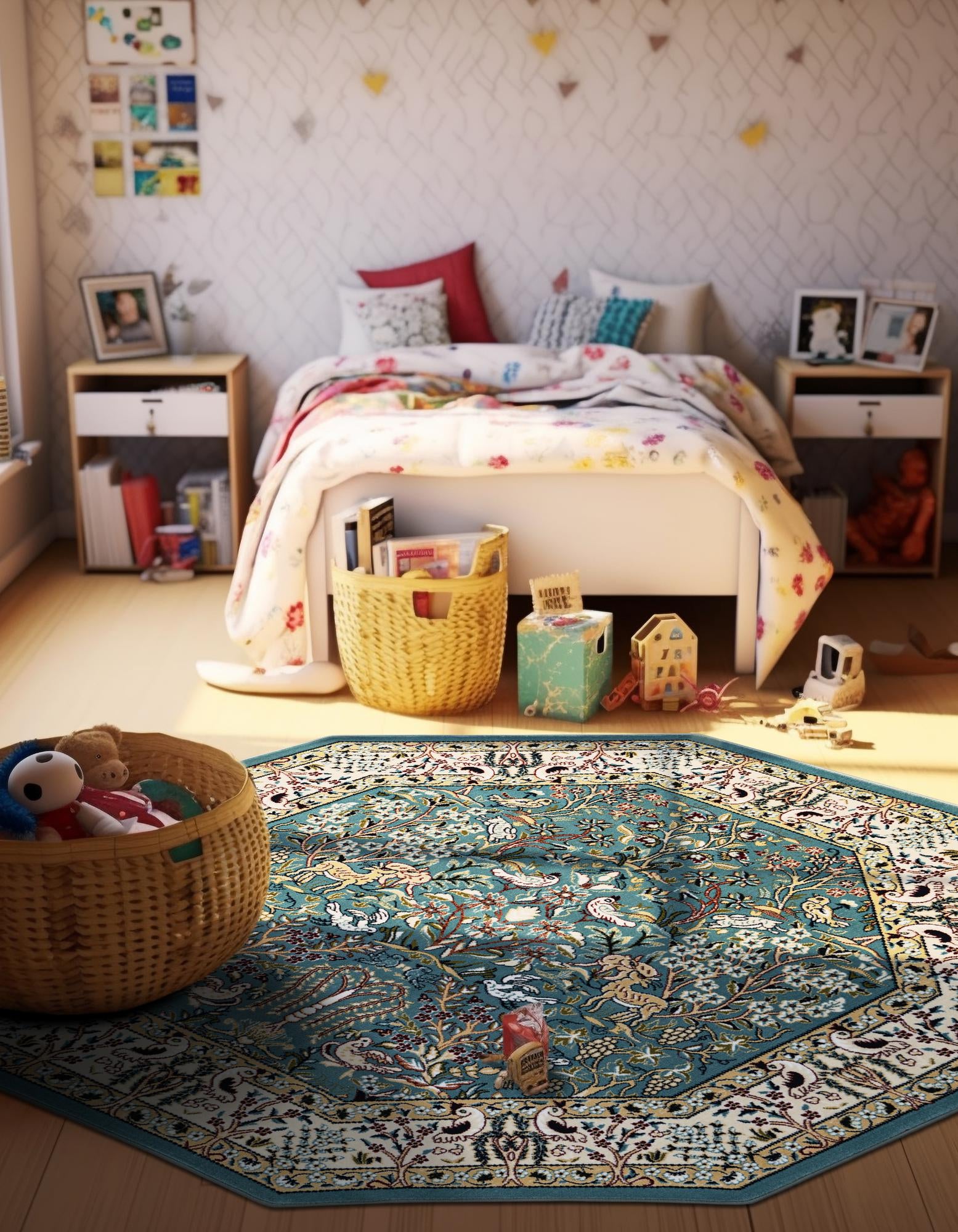 Blue 6' x 6' Nain Design Octagon Rug | Rugs.com