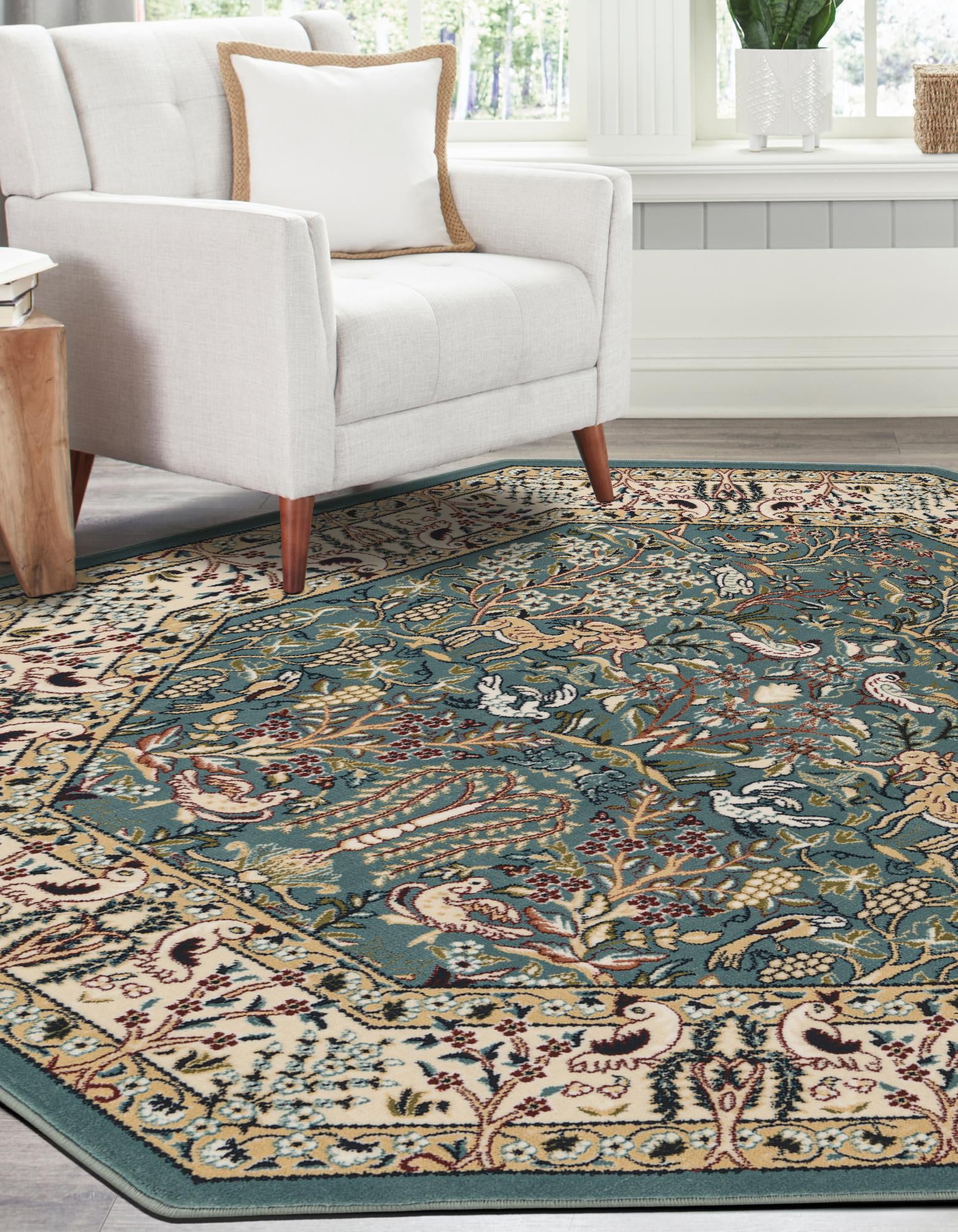 Blue 6' x 6' Nain Design Octagon Rug | Rugs.com