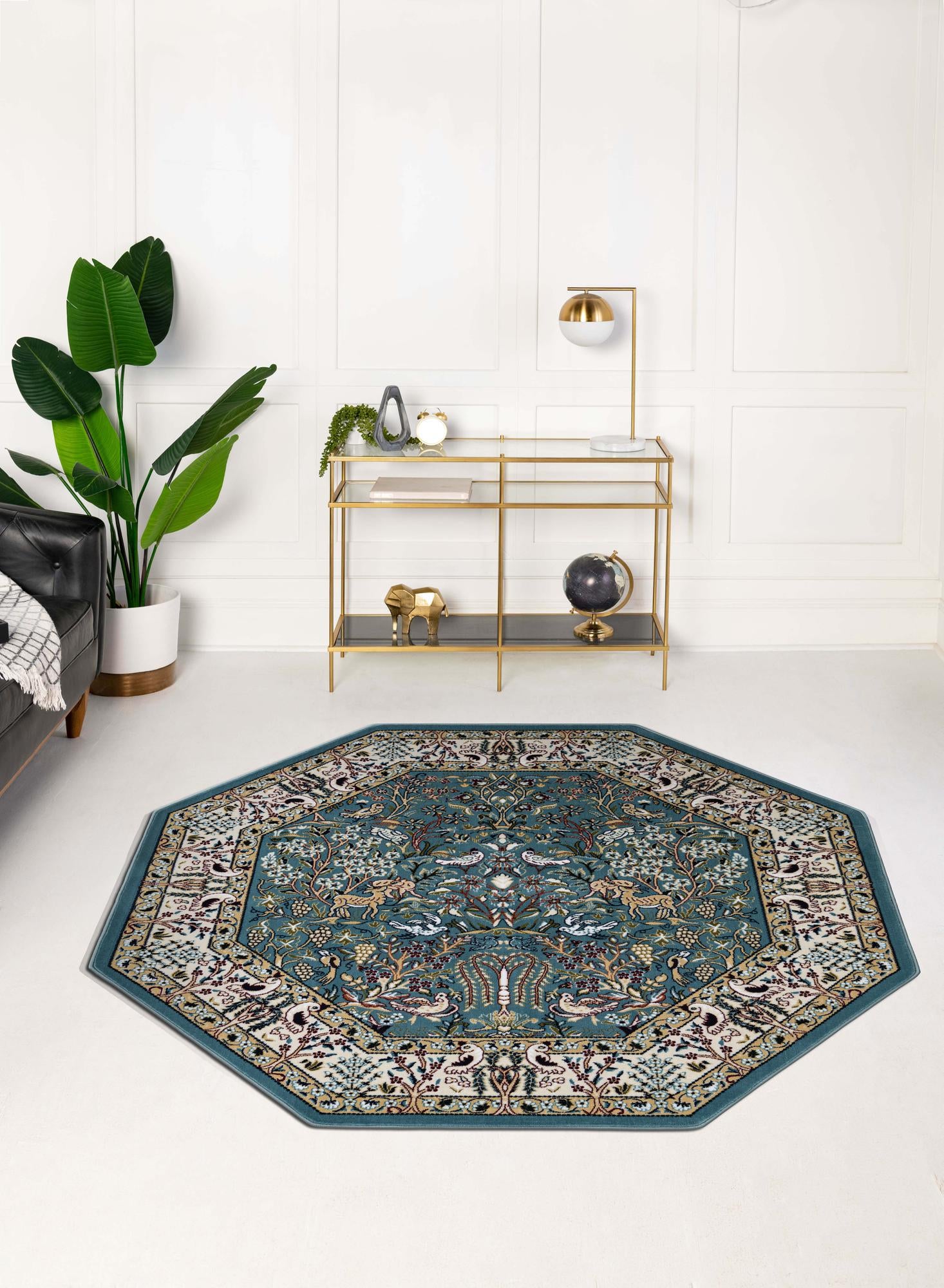 Blue 6' x 6' Nain Design Octagon Rug | Rugs.com