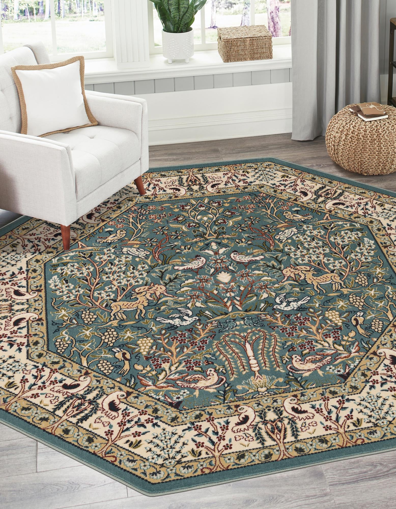 Blue 6' x 6' Nain Design Octagon Rug | Rugs.com