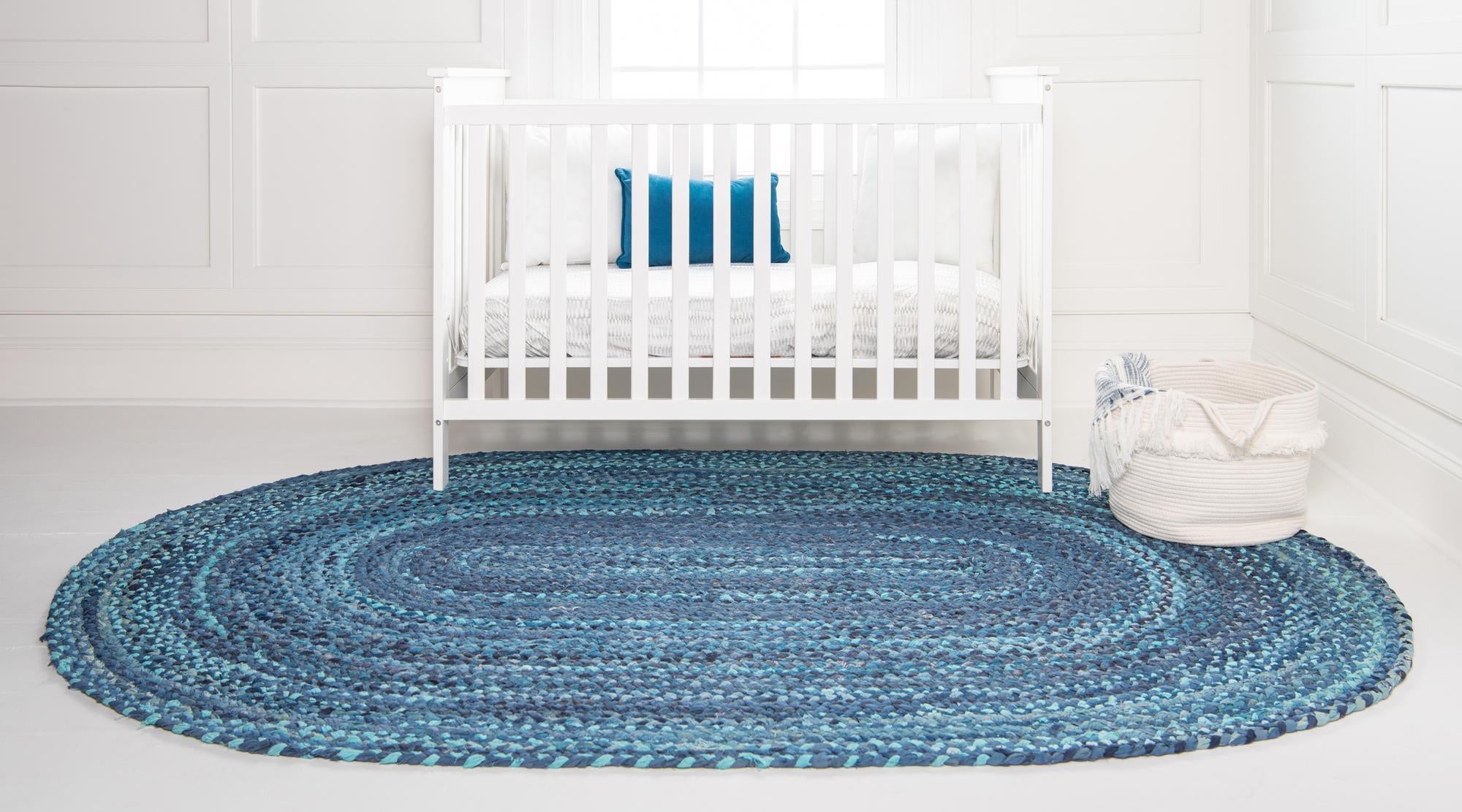 Blue 5' 1 x 8' Hand Braided Chindi Oval Rug | Rugs.com