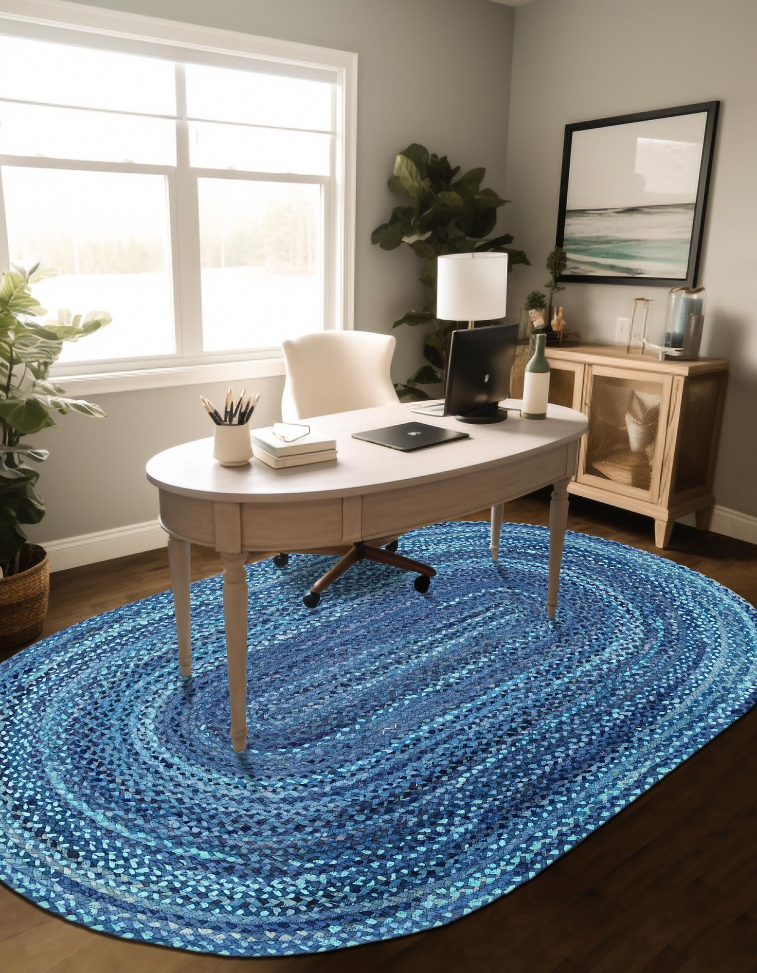 Blue 5' 1 x 8' Hand Braided Chindi Oval Rug | Rugs.com
