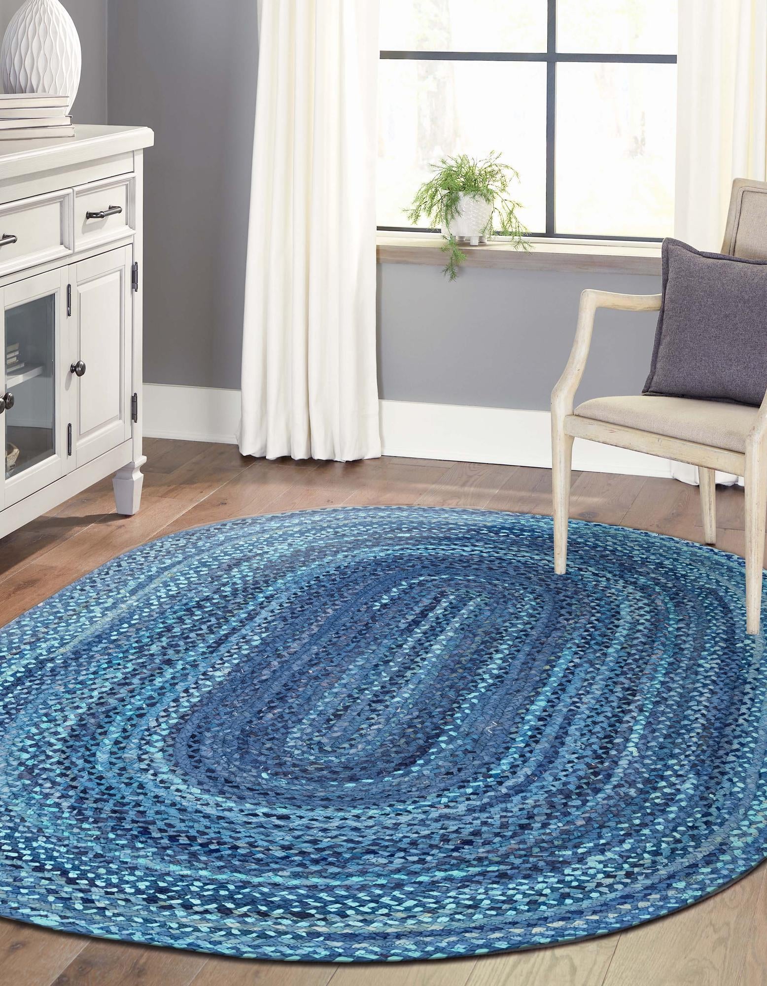 Blue 5' 1 x 8' Hand Braided Chindi Oval Rug | Rugs.com