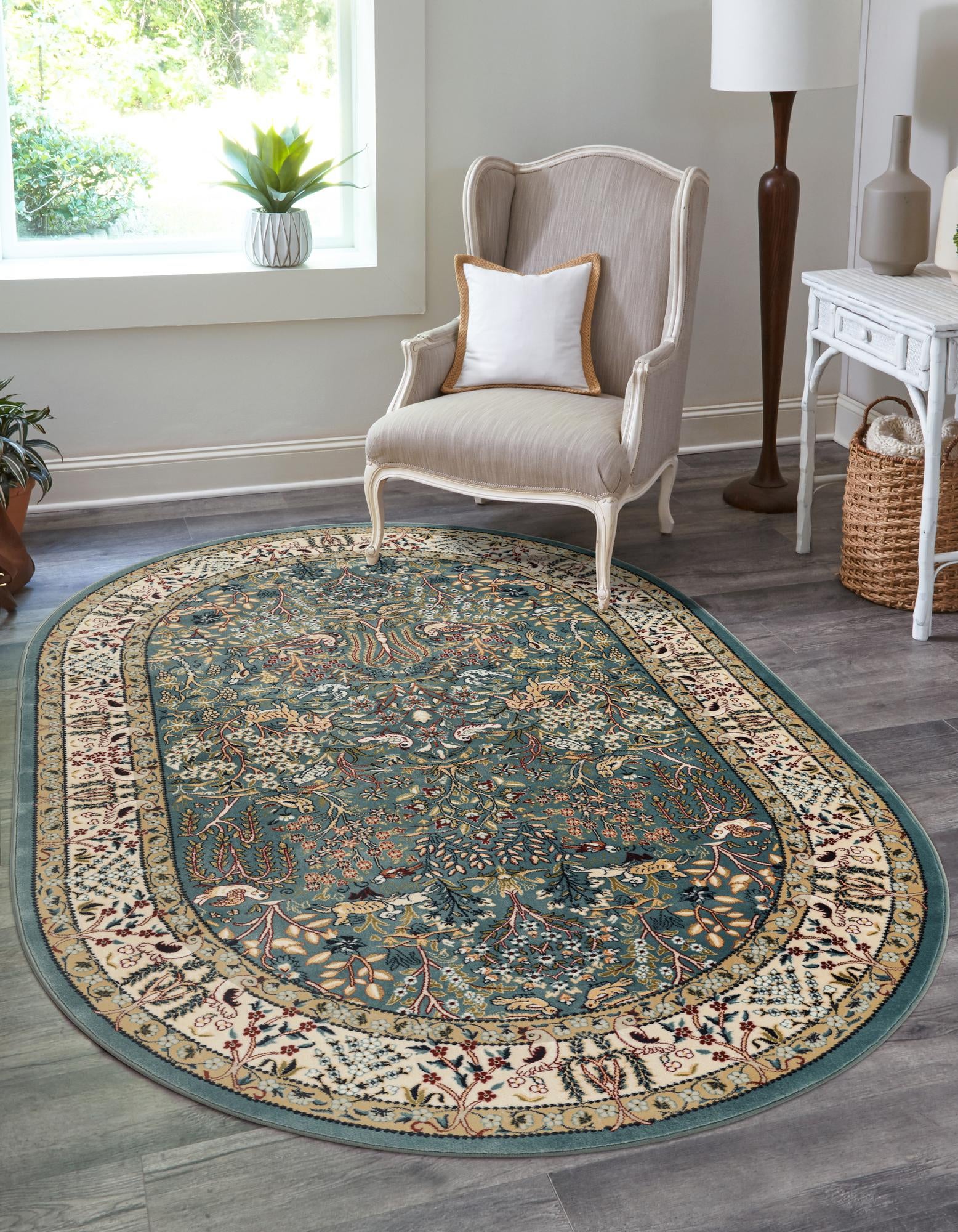 Blue 4' x 6' Nain Design Oval Rug | Rugs.com
