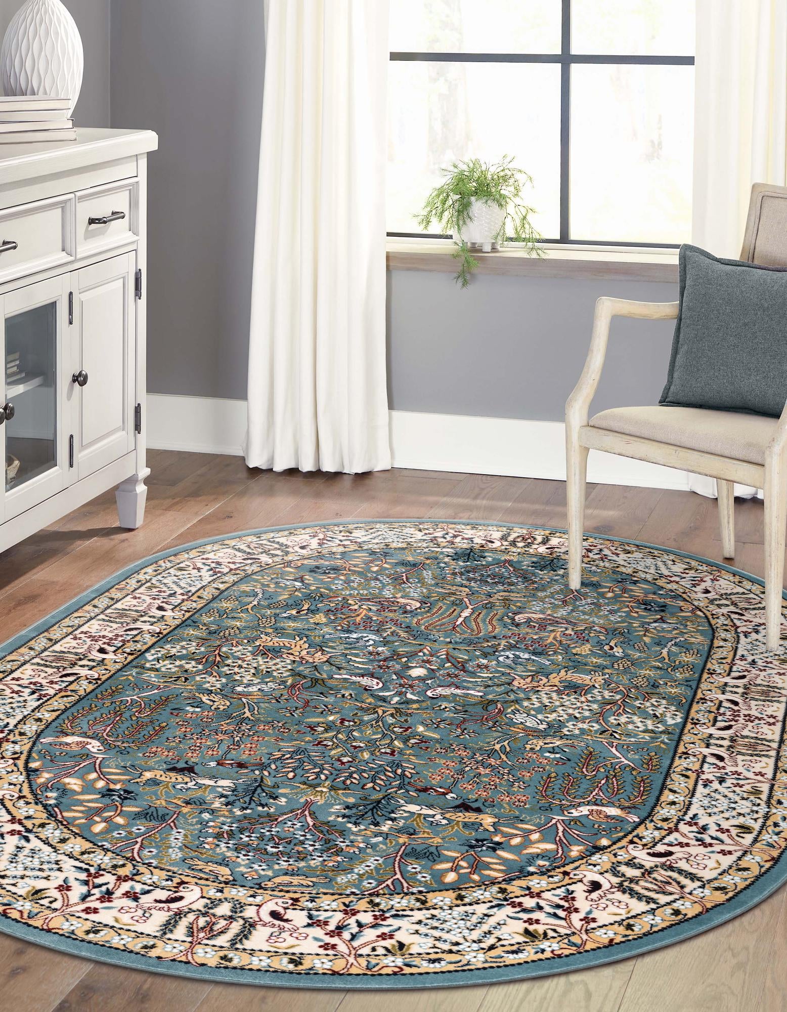 Blue 4' x 6' Nain Design Oval Rug | Rugs.com