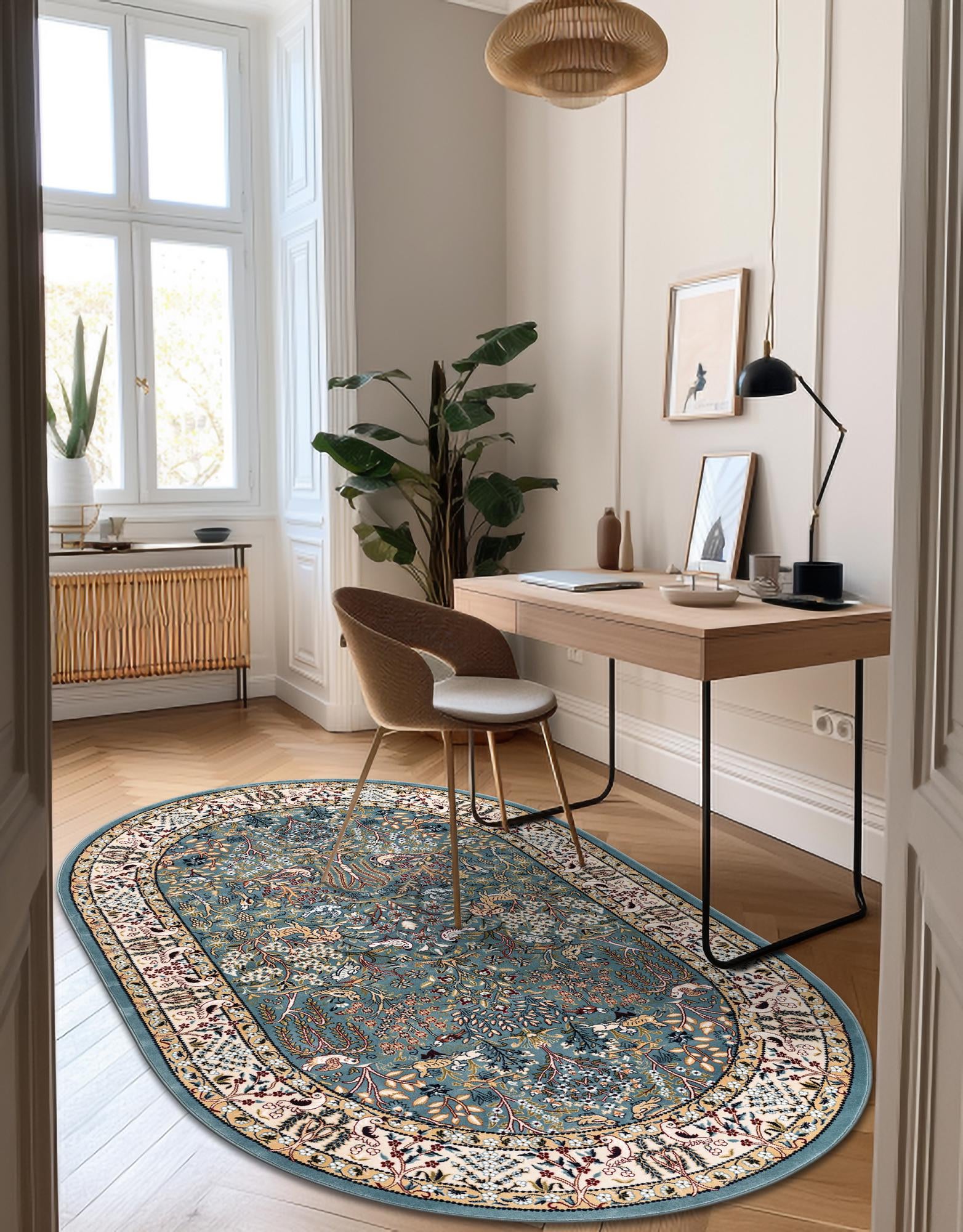 Blue 4' x 6' Nain Design Oval Rug | Rugs.com