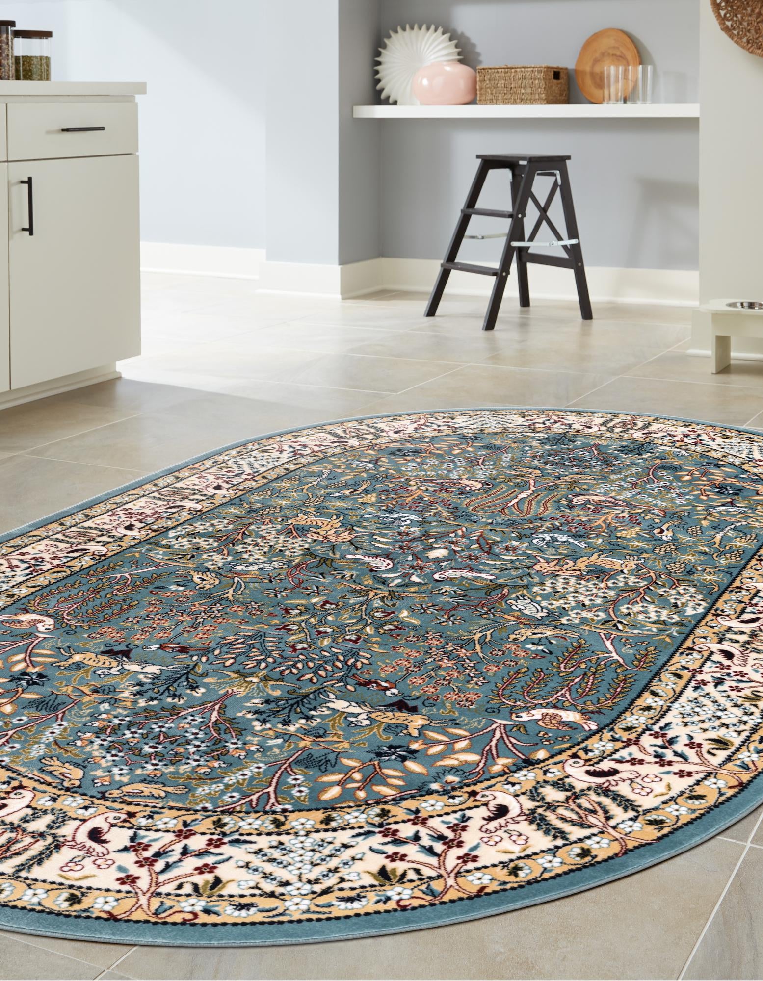 Blue 4' x 6' Nain Design Oval Rug | Rugs.com