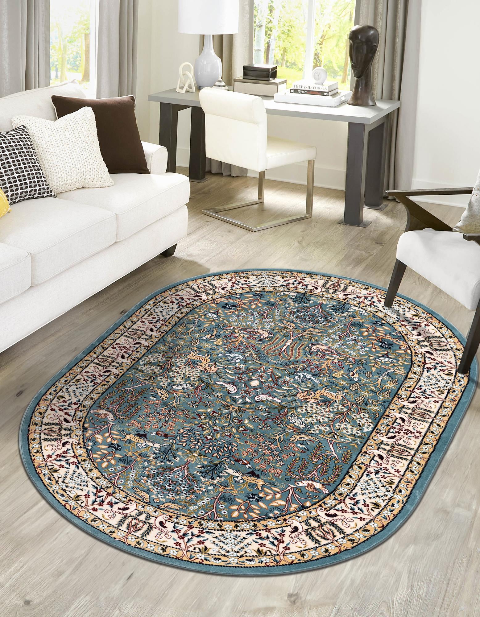 Blue 4' x 6' Nain Design Oval Rug | Rugs.com