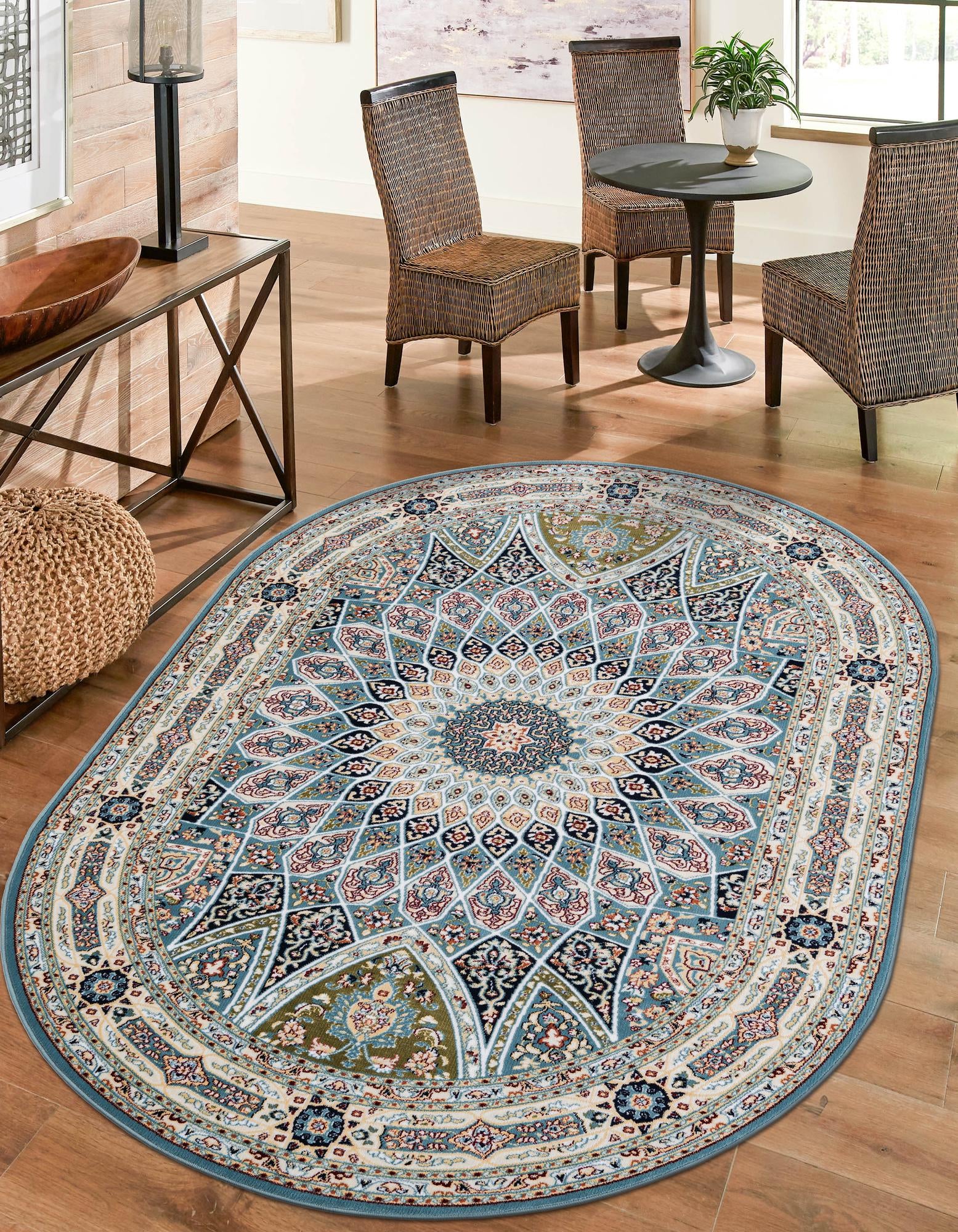 Blue 4' x 6' Nain Design Oval Rug | Rugs.com