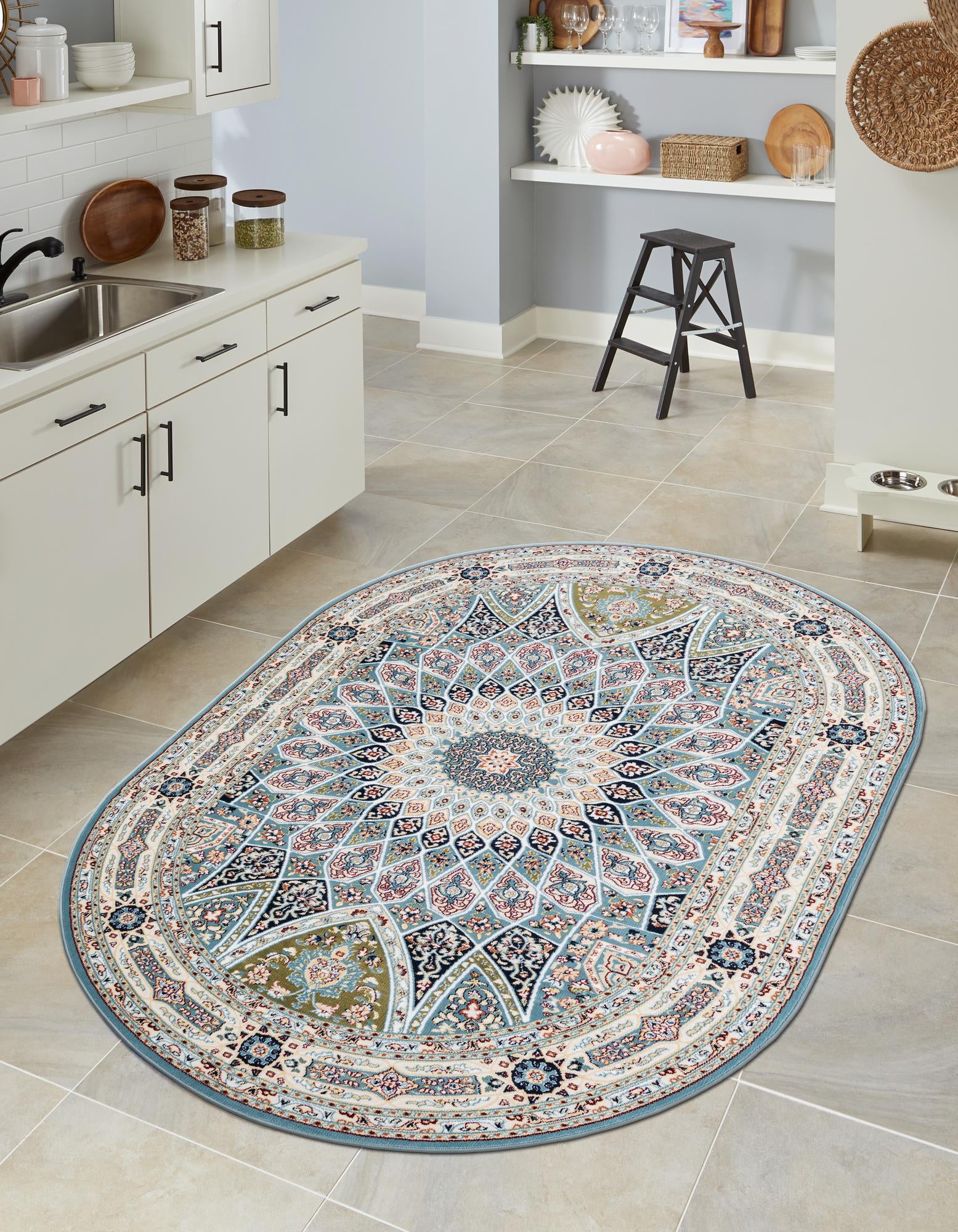 Blue 4' x 6' Nain Design Oval Rug | Rugs.com