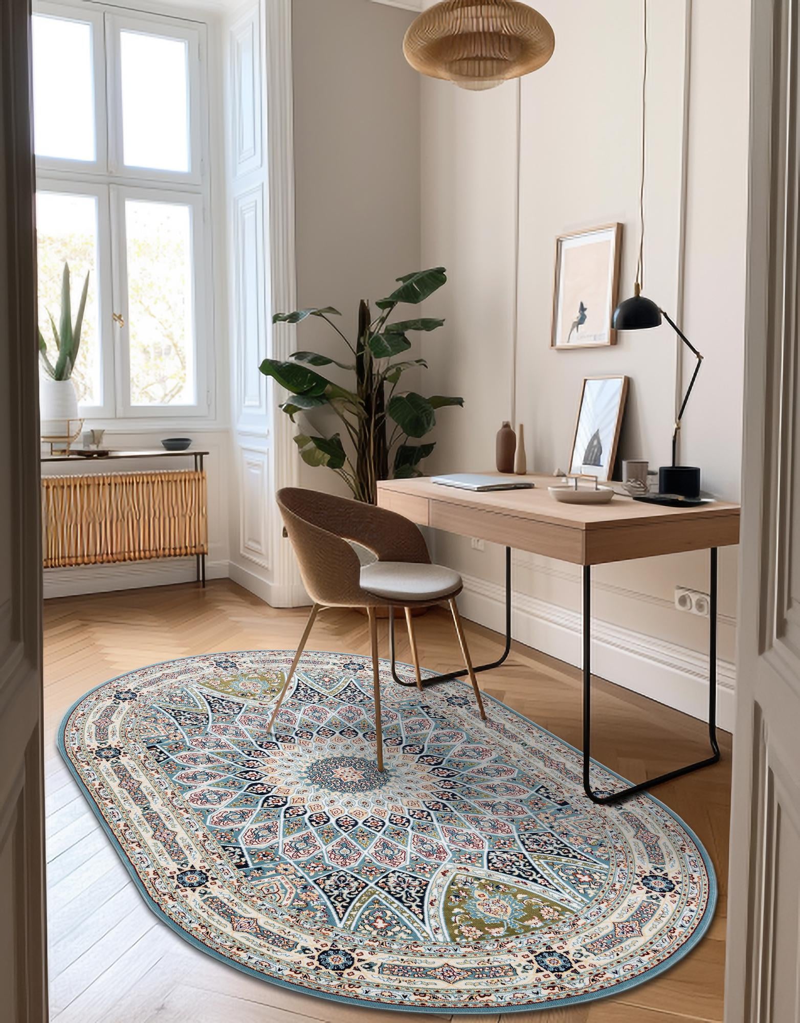 Blue 4' x 6' Nain Design Oval Rug | Rugs.com