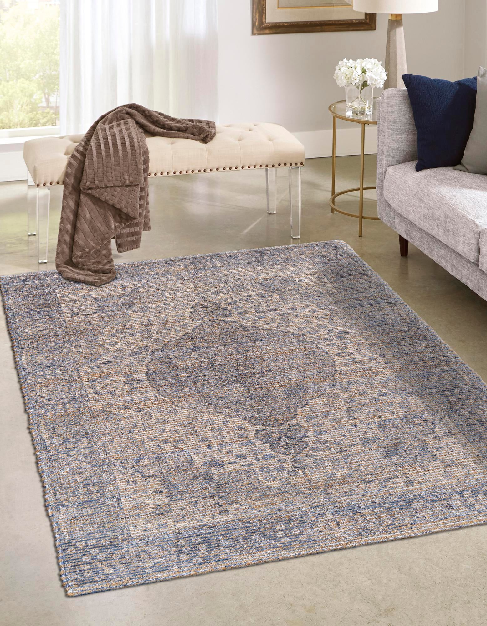 Blue 5' 3 x 8' Hand Woven Chenille Jute Rug | Rugs.com