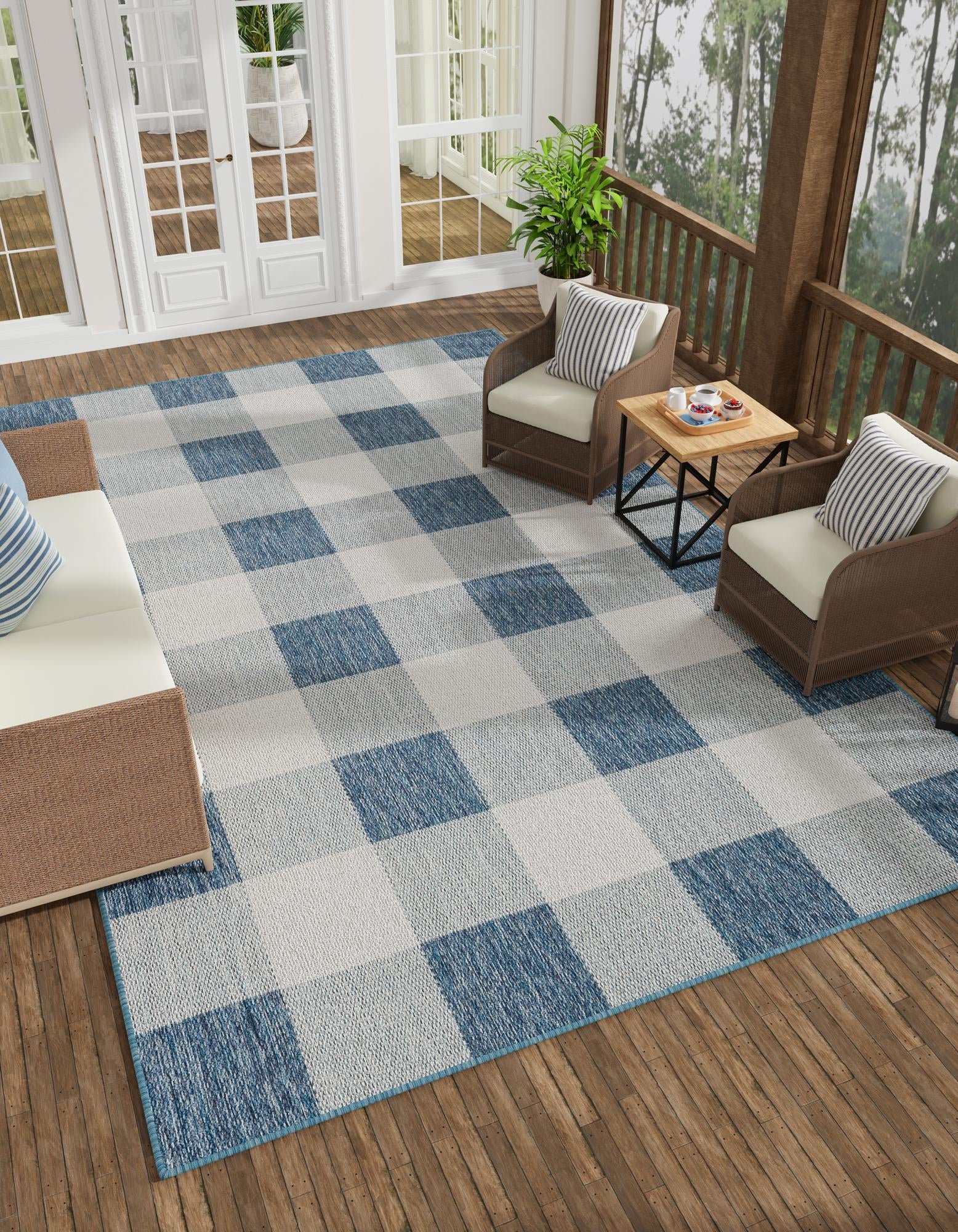 Blue 5' x 7' Checkered Indoor / Outdoor Rug | Rugs.com