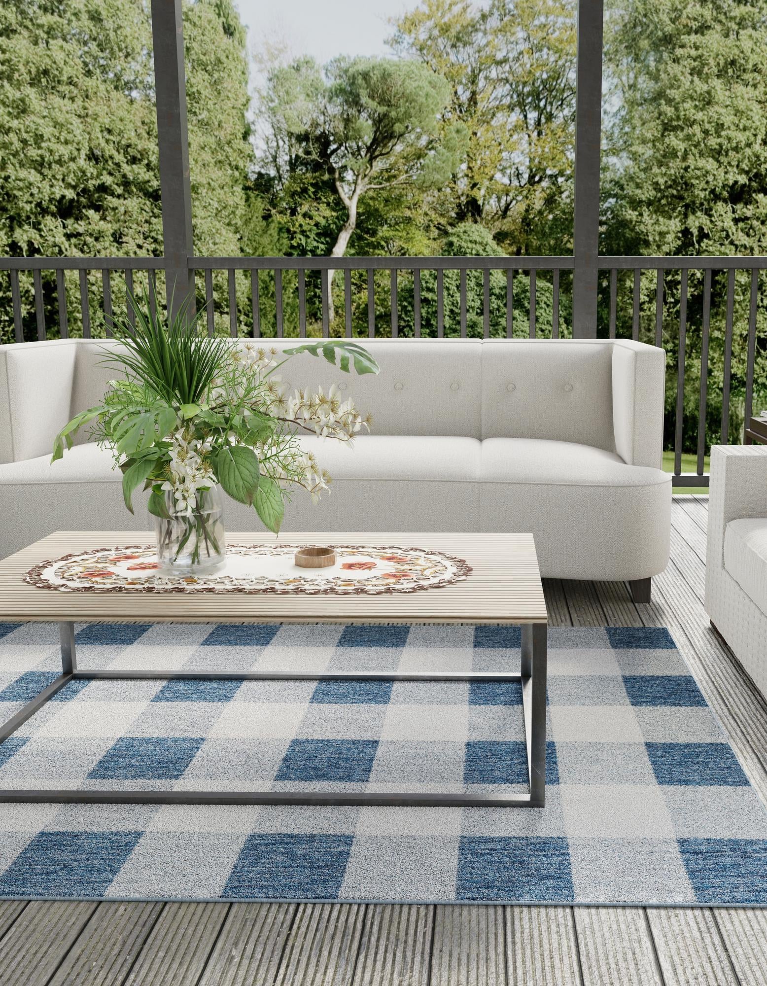 Blue 7' 10 x 10' Checkered Indoor / Outdoor Rug | Rugs.com