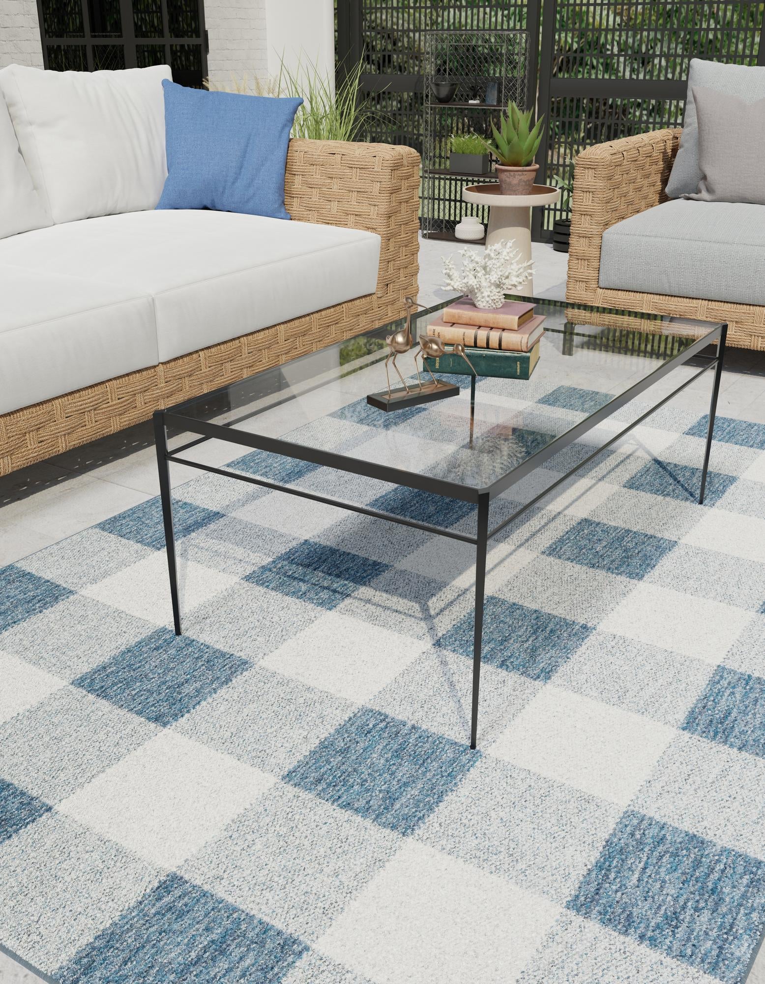 Blue 5' x 7' Checkered Indoor / Outdoor Rug | Rugs.com